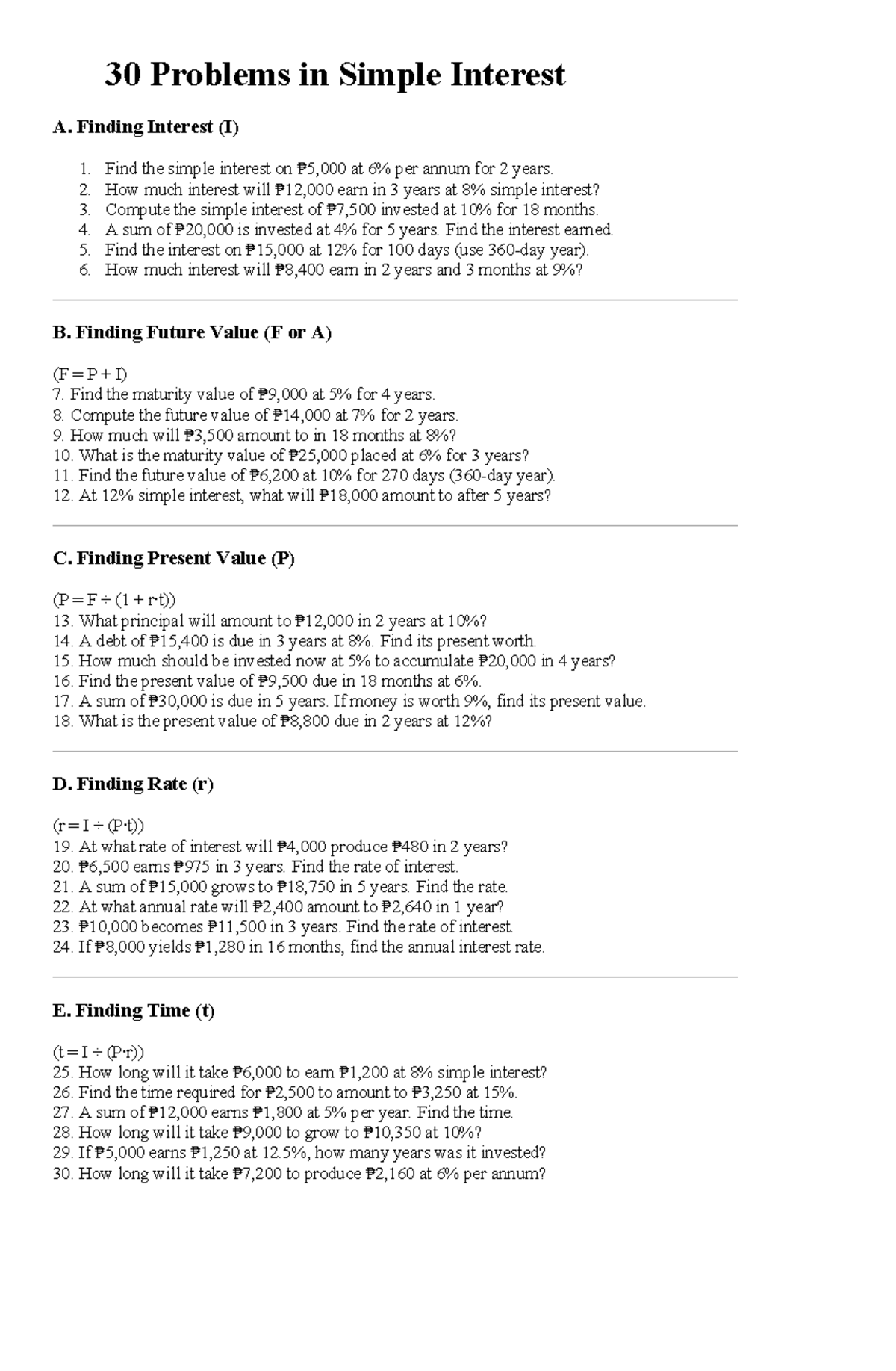 30 Problems in Simple Interest: Finding I, F, P, r, and t - Studocu