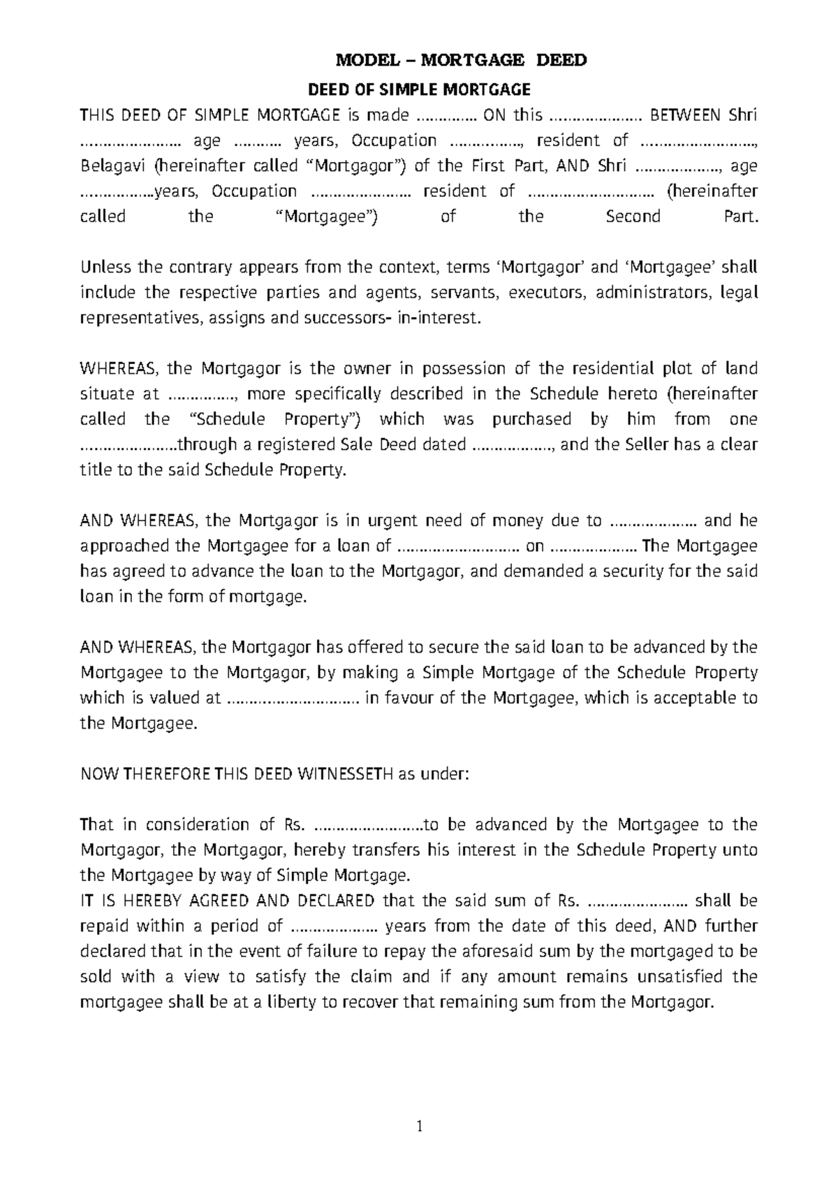 MODEL MORTGAGE DEED: SIMPLE MORTGAGE TEMPLATE - Studocu
