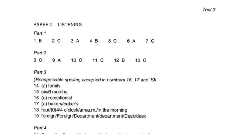 Cambridge Preliminary English Test 3 Listening Key - Studocu