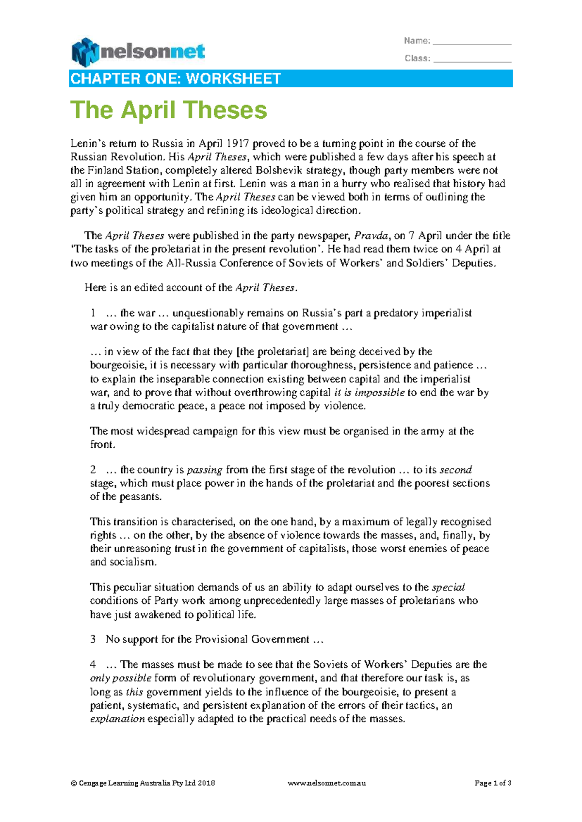 CHAPTER ONE: WORKSHEET on April Theses (1917) - Key Insights - Studocu