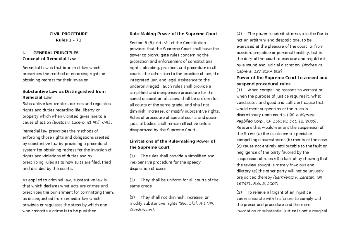 Civil procedure reviewer rule 1 to 20 - CIVIL PROCEDURE Rules 1 – 71 I ...