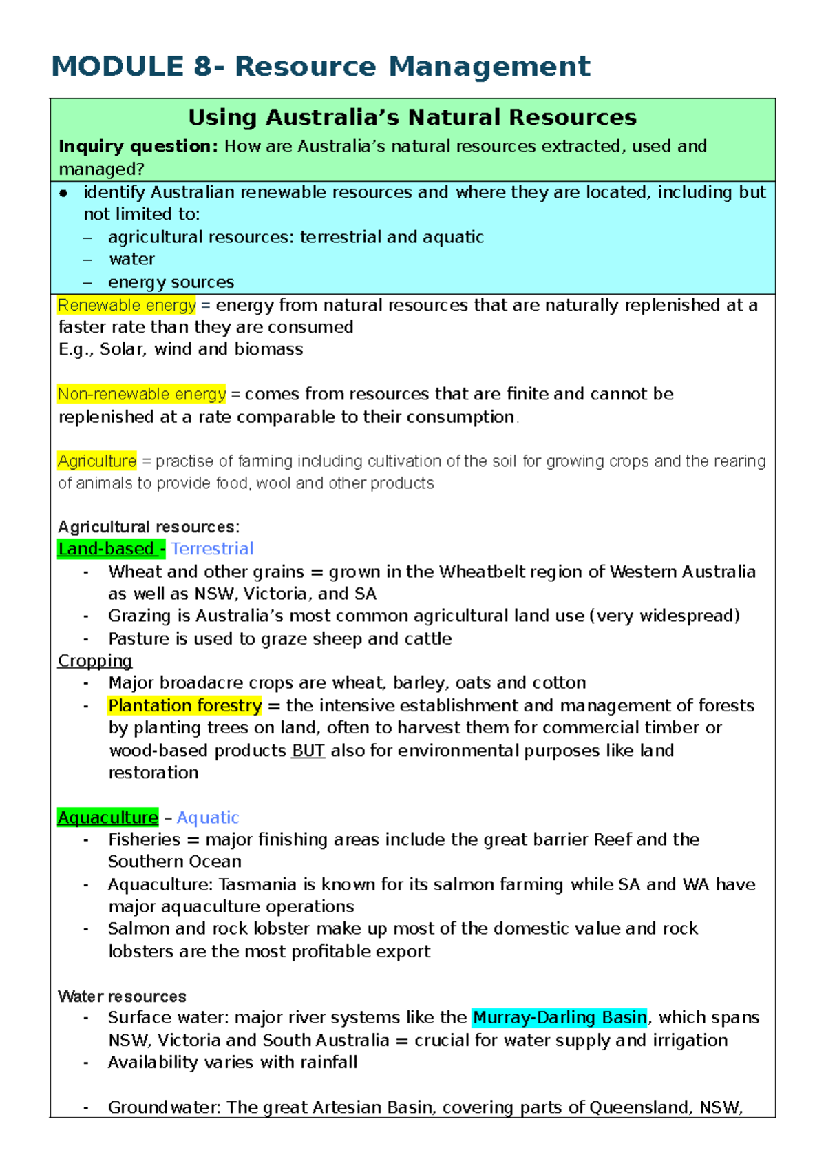 Module 8: Resource Management & Sustainability in Australia - Studocu