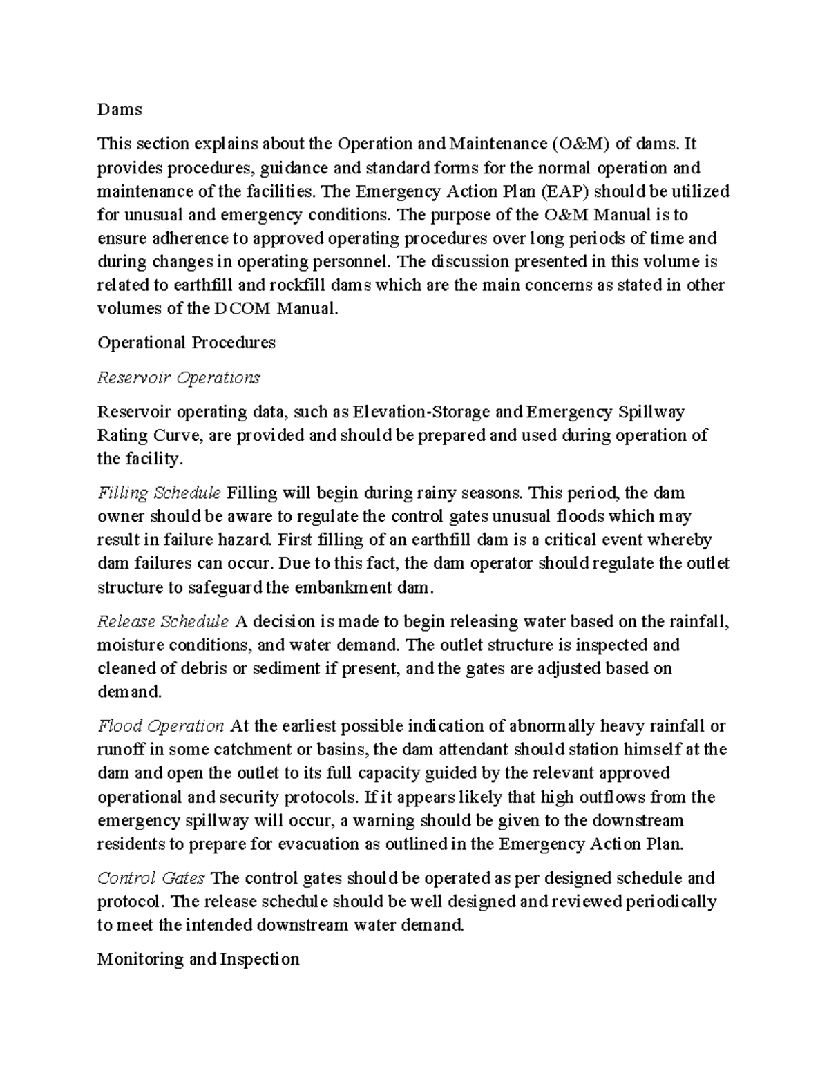 Operation and Maintenance of Dams - Water Supply 3 Manual - Studocu