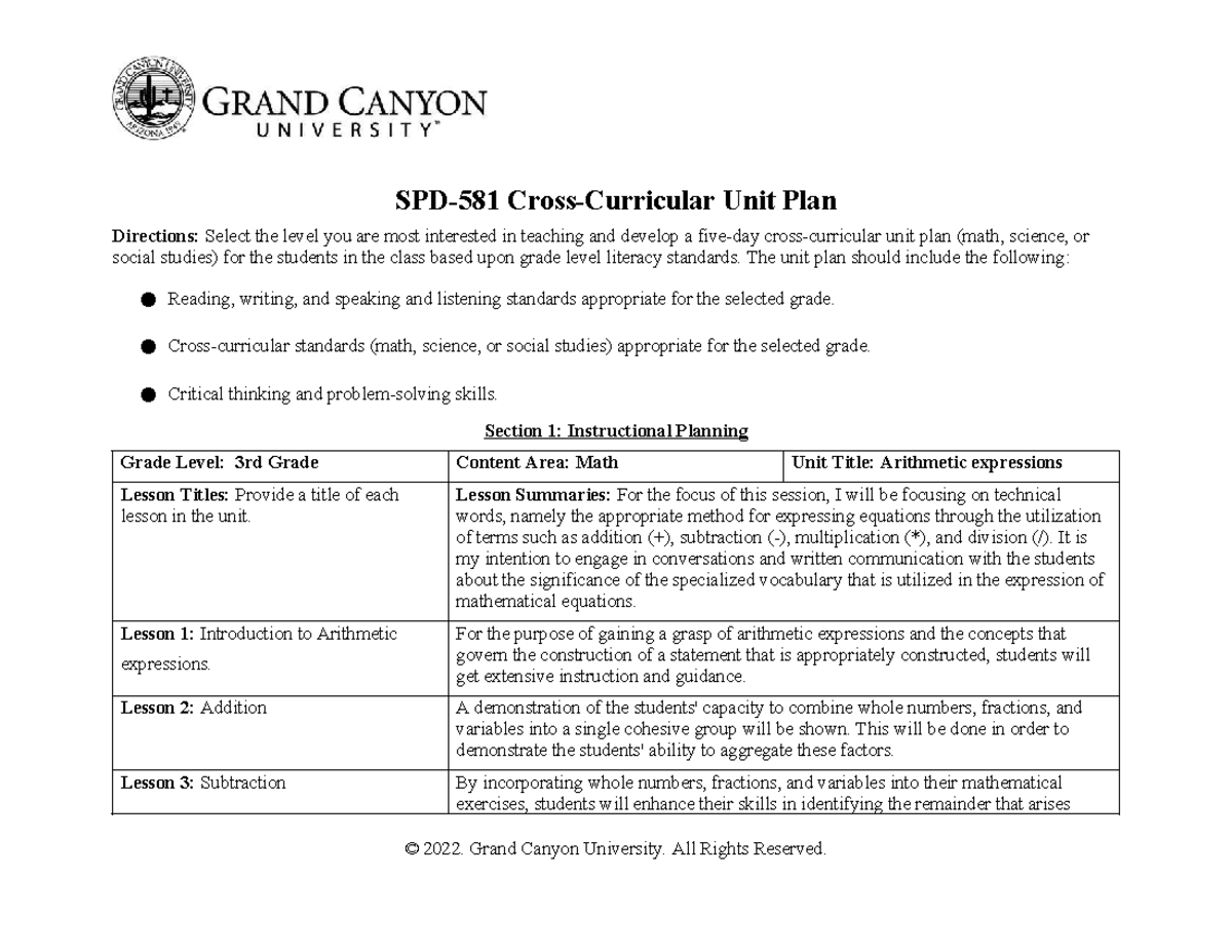 SPD-581 Week 5: Cross-Curricular Unit Plan for 3rd Grade Math - Studocu