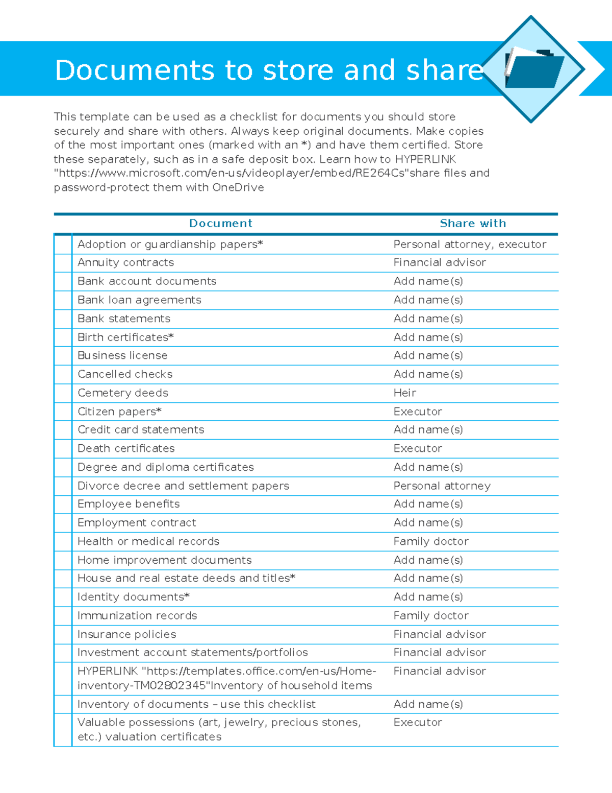 Documents to store and share checklist - Documents to store and share ...