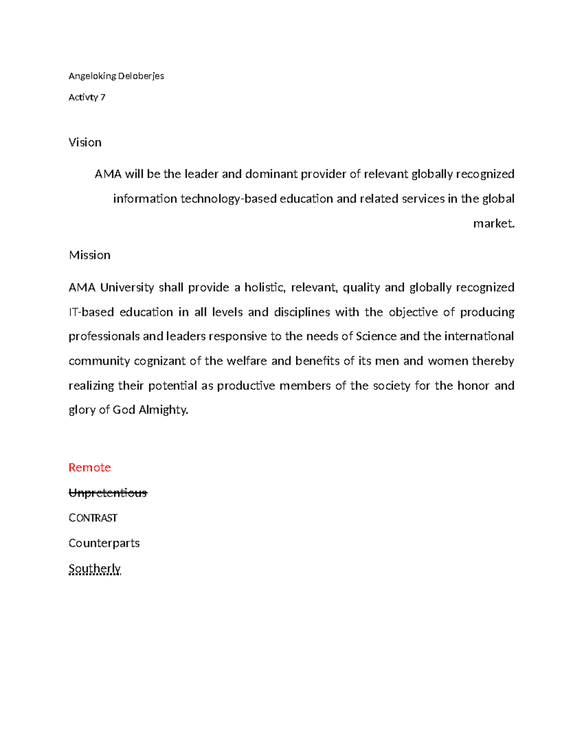 Word Processing Activities 7 & 8: Vision and Mission Overview - Studocu
