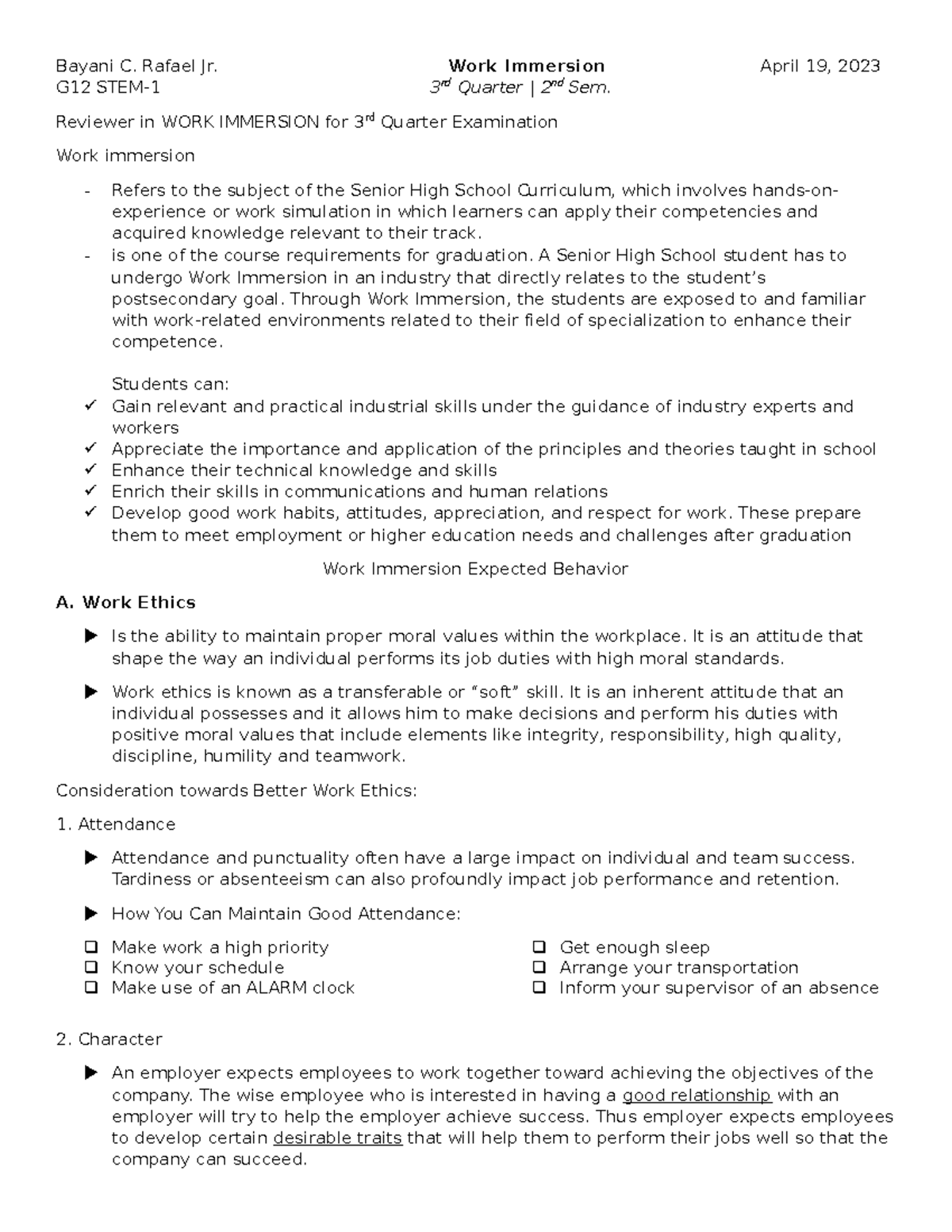 Reviewer in Work Immersion 3rd Q Exam - Bayani C. Rafael Jr. Work ...