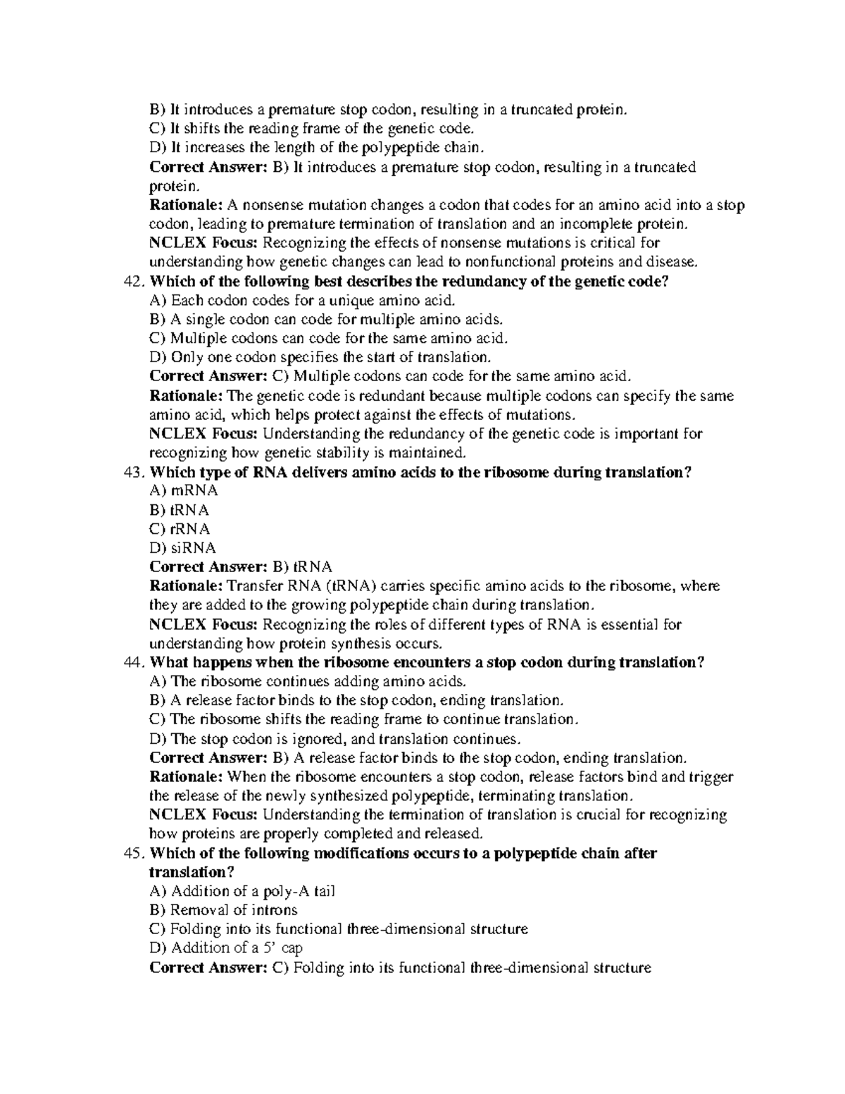 Genetics Test Bank: Nonsense Mutations & Translation (2024) - Studocu