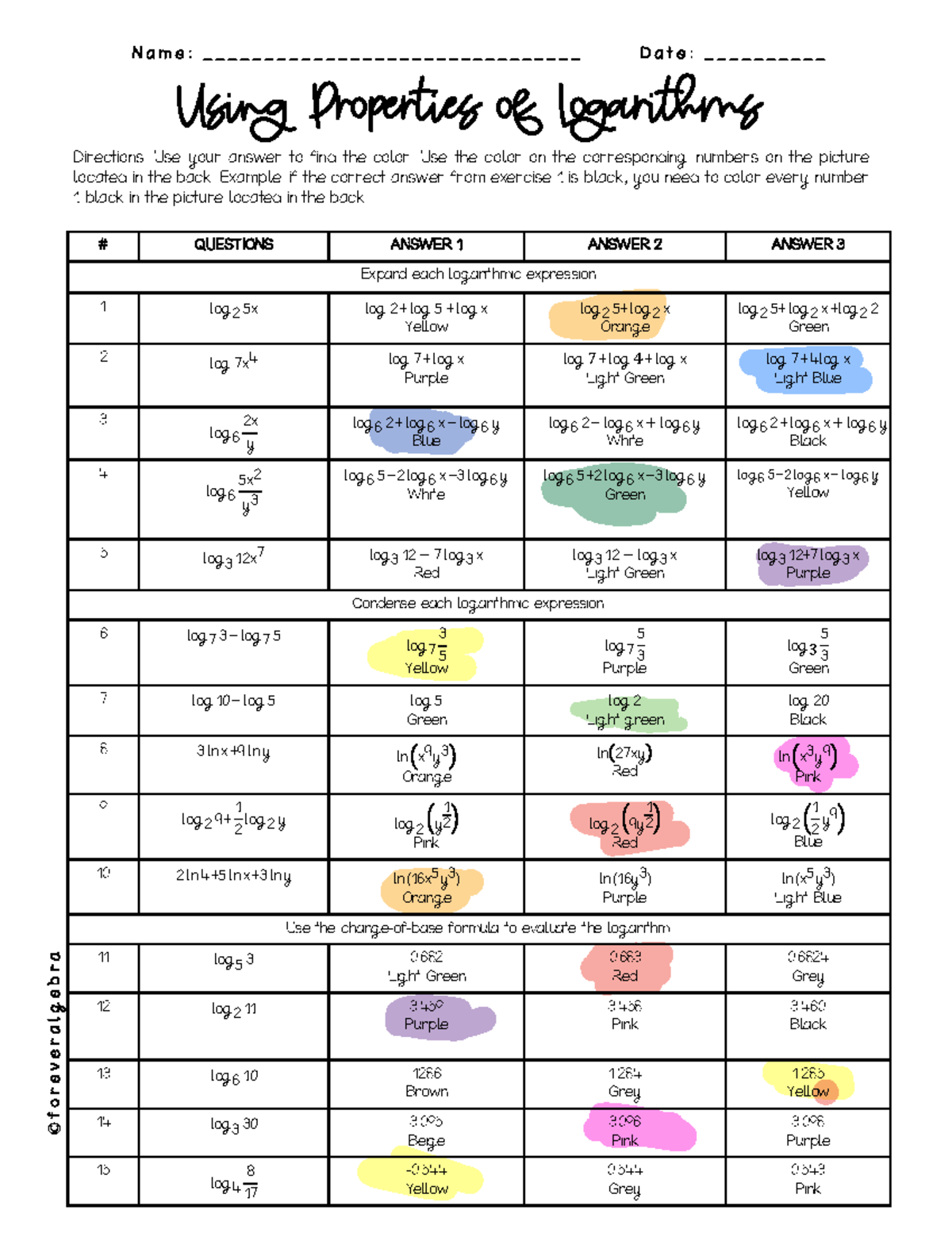 Logarithm Properties Practice - Course Code: MATH101 - Studocu