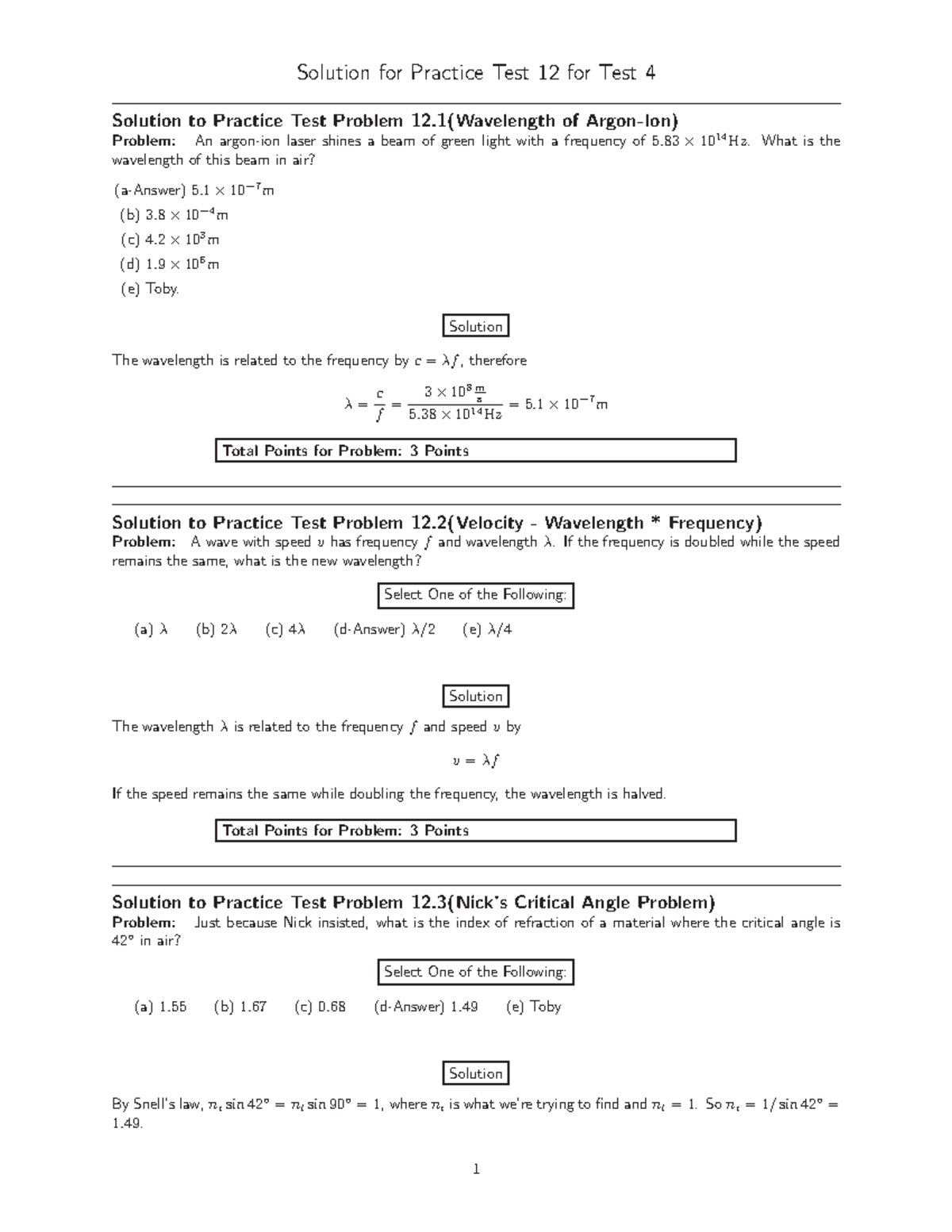 Practice Test 12 Solutions for Physics Exam 4 - Studocu