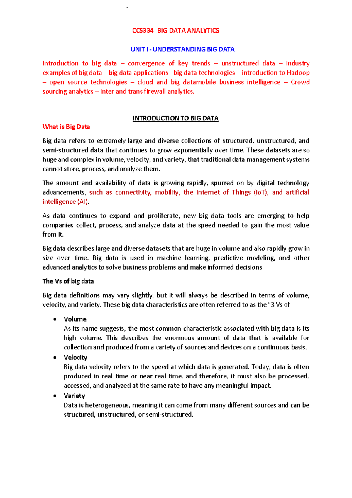 CCS334 BIG DATA ANALYTICS UNIT I: Understanding Big Data Concepts and - Studocu