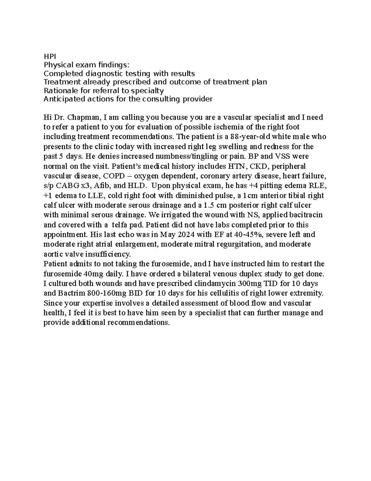 VISE call Week 5 - HPI Physical exam findings: Completed diagnostic ...