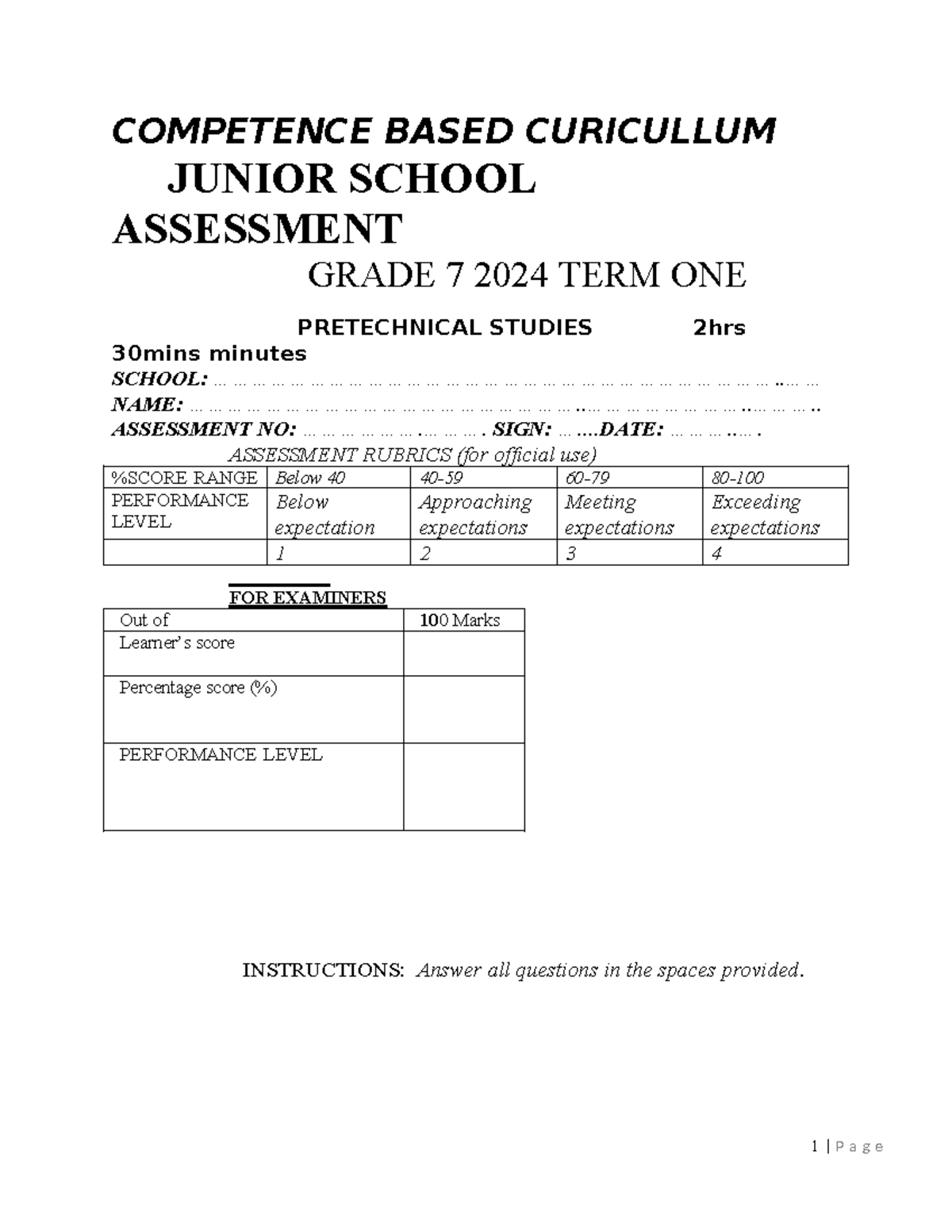 Grade 7 Pretechnical Studies Assessment QST 2024 - Studocu