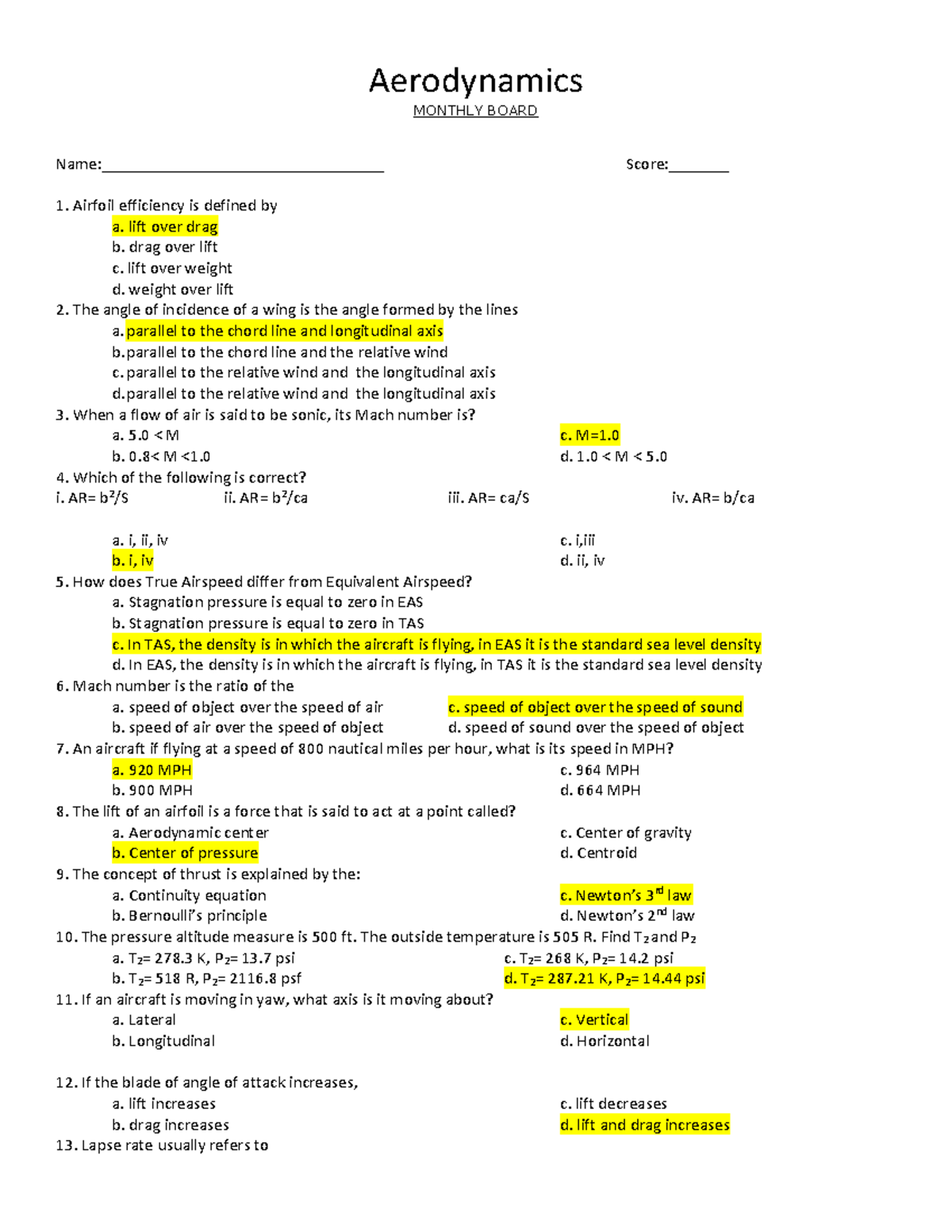 Aerodynamics Practice Test for Board Exam - Monthly Board Exam - Studocu