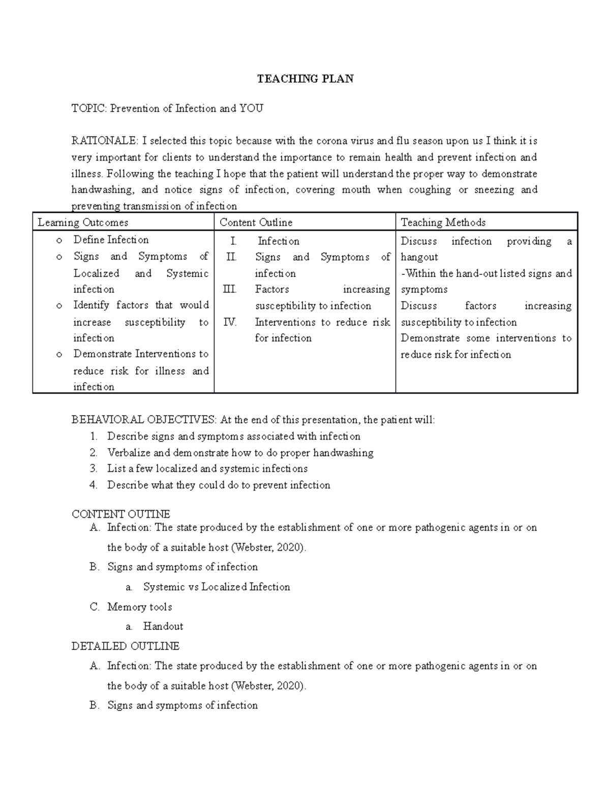 Teaching Plan: Infection Prevention and Handwashing Techniques - Studocu