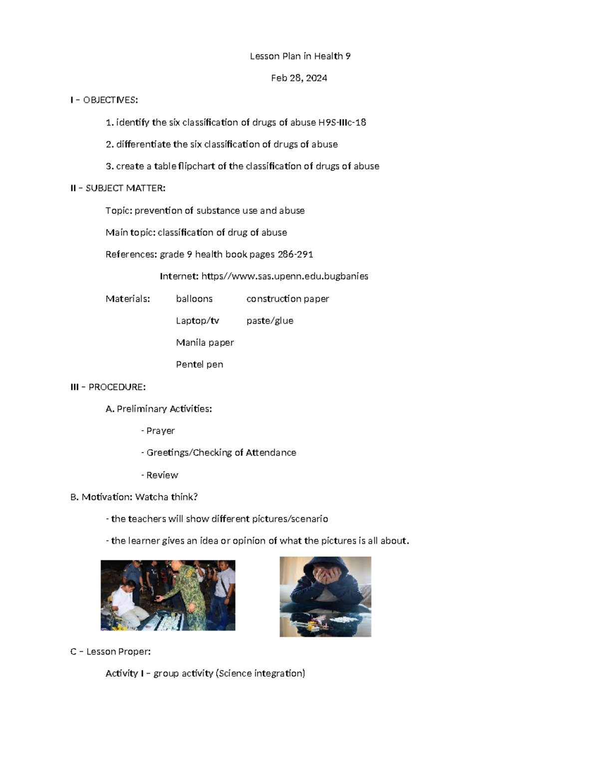 Health 9 Lesson Plan: Drug Classification & Prevention Activities - Studocu