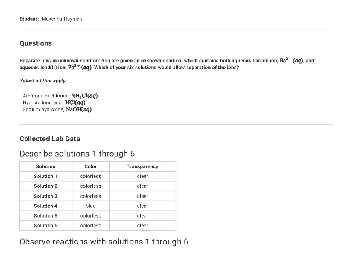 Aleks - Lab 3 Solubility - Qualitative Analysis - Student: Makenna ...