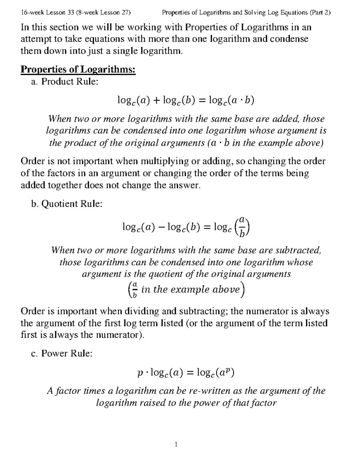 Lesson 33: Properties of Logarithms & Solving Log Equations (Part 2 ...