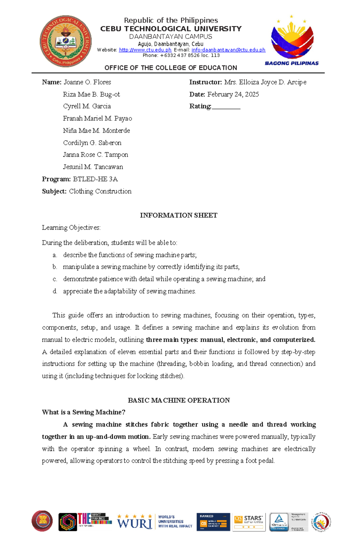 CEBU TECH UNIVERSITY CLOTHING CONSTRUCTION: Sewing Machine Basics Guide - Studocu