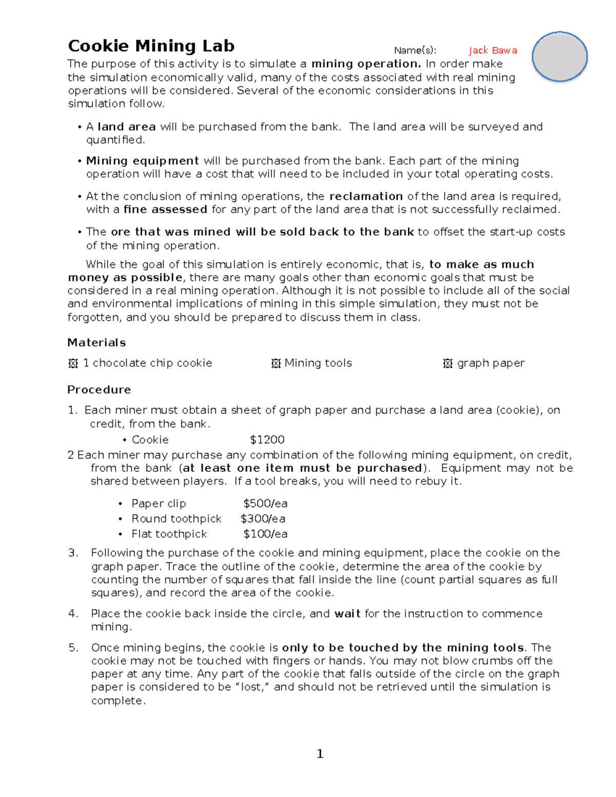 Cookie Mining Lab 1: Economic Simulation and Environmental ...