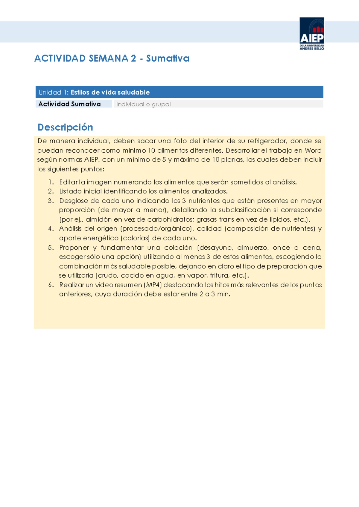 VFE001 actividad practica semana 2-1 - ACTIVIDAD SEMANA 2 - Sumativa Descripción De manera - Studocu