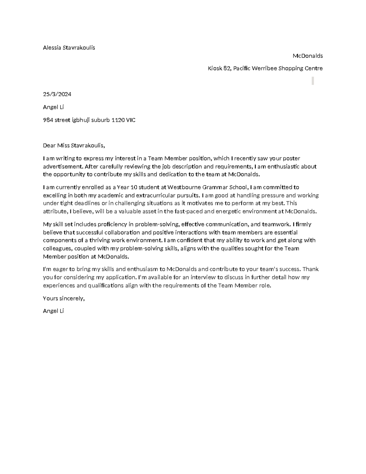 Business Application for Team Member Position at McDonald's - Studocu