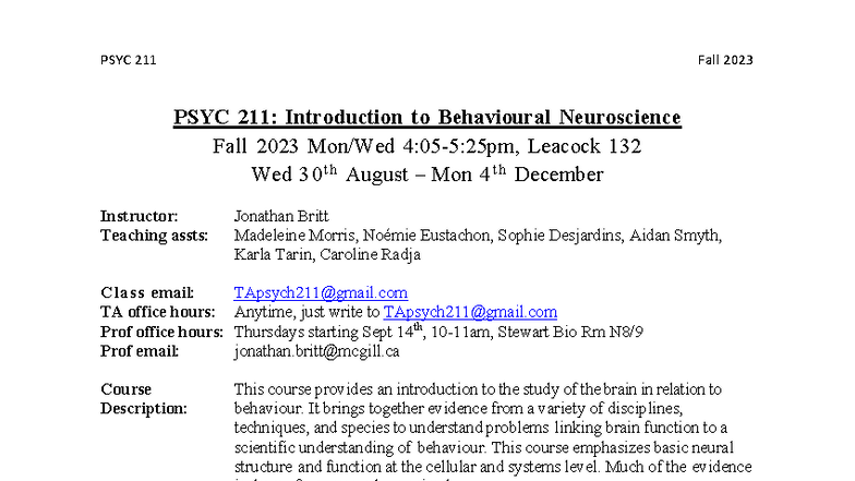 PSYC 211 Fall 2023: Syllabus and Course Outline for Behavioral ...
