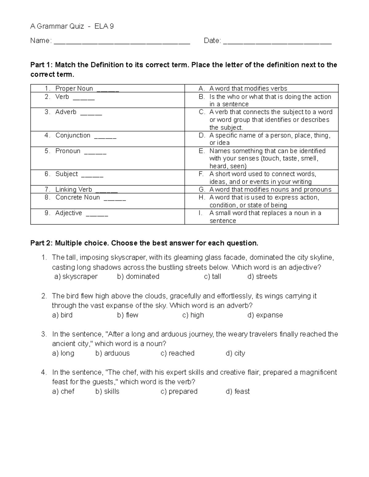 Grammar Quiz: ELA 9 - Definitions & Multiple Choice Questions - Studocu