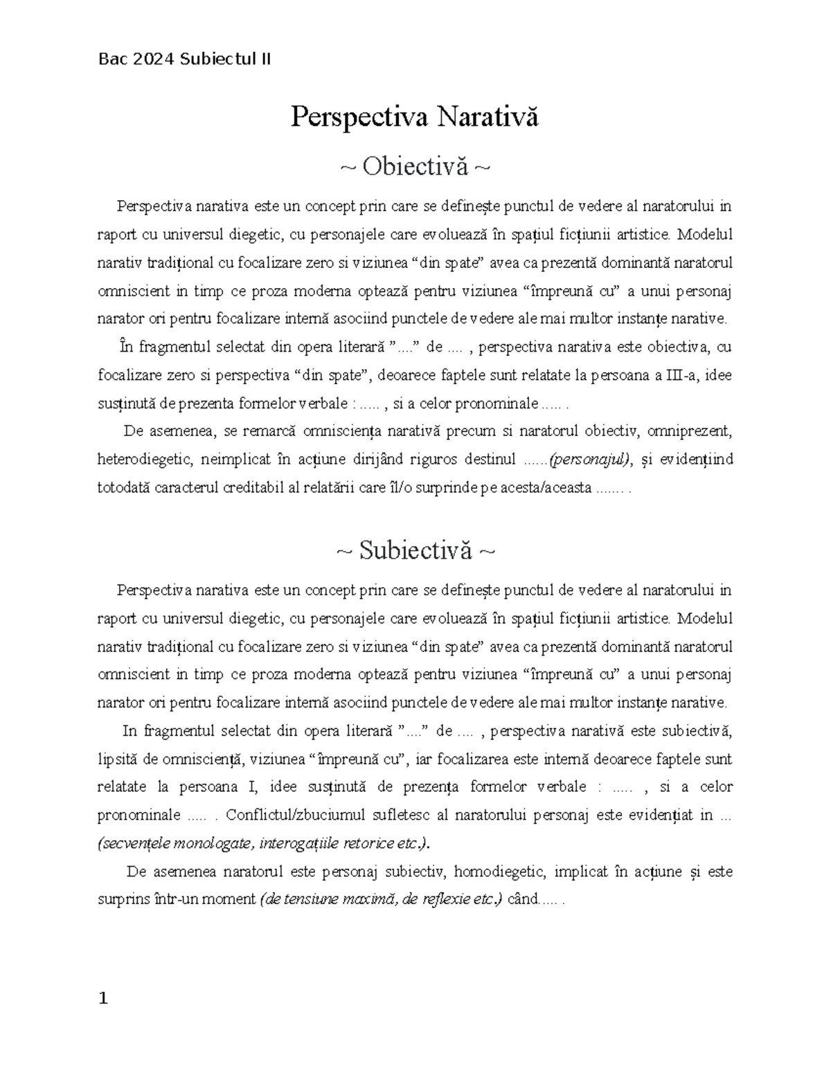 Perspectiva Narativă: Obiectivă vs. Subiectivă - Bac 2024 Analiză - Studocu
