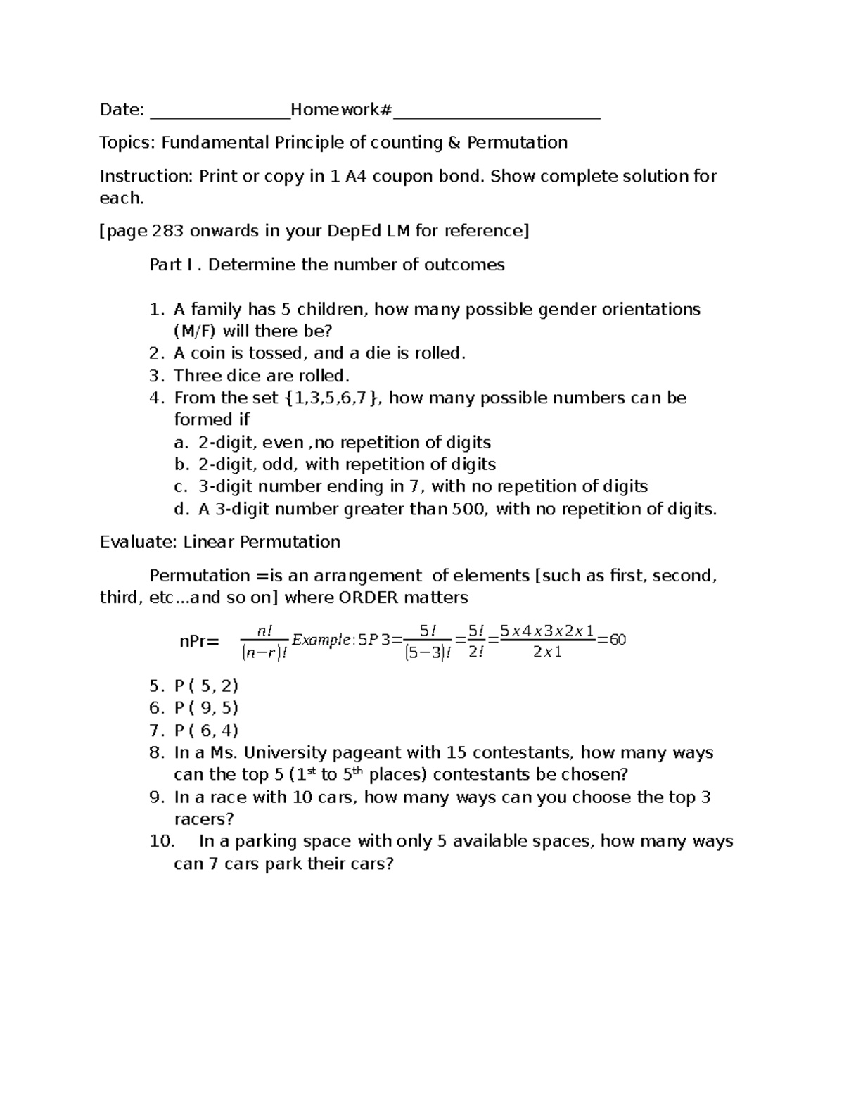 FPC 101: Fundamental Principles of Counting & Permutations Homework ...