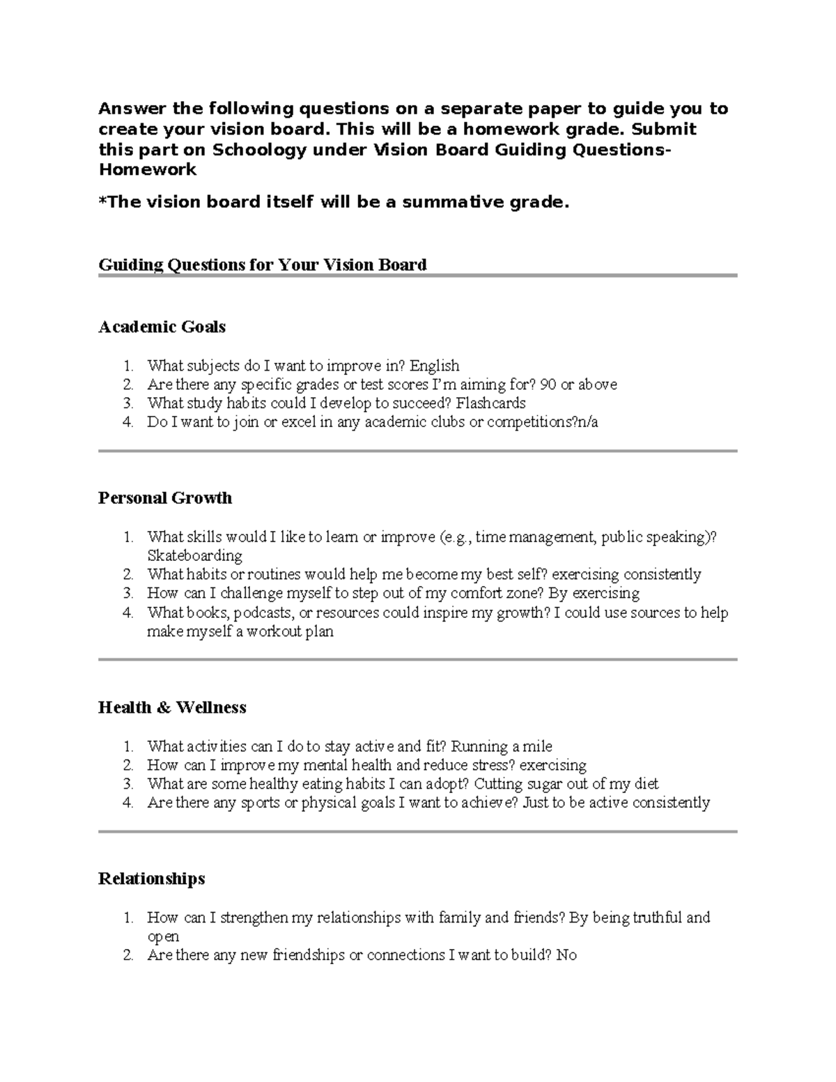 2025 vision board questions - Answer the following questions on a ...