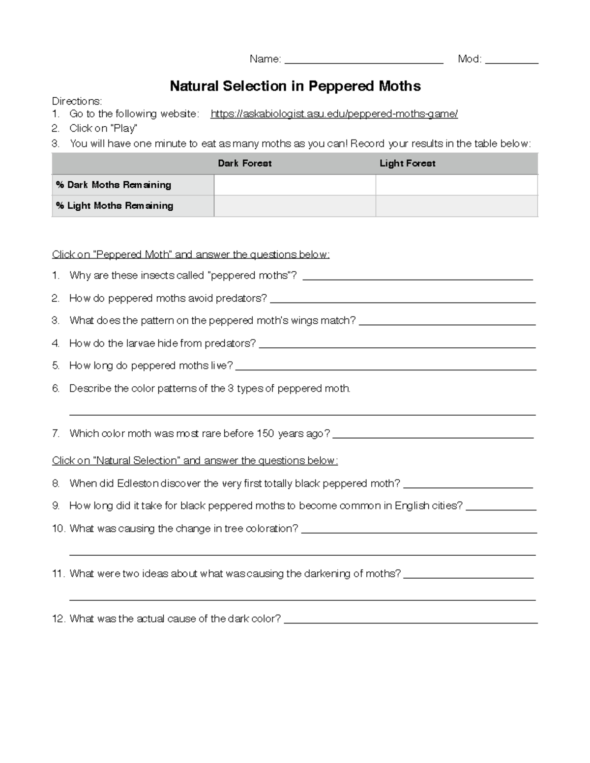 1 Natural Selection Peppered Moths - Name: Mod: Natural Selection in ...