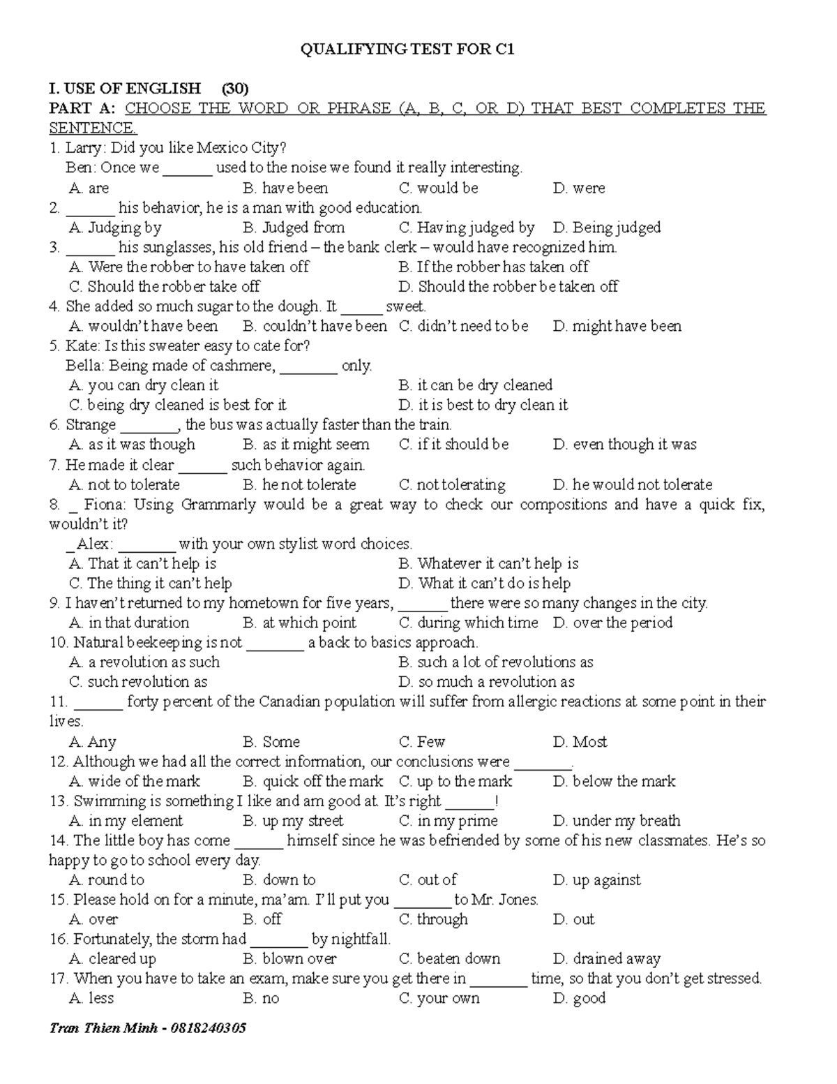 C1 Level Qualifying Test: Comprehensive English Exercises - Studocu