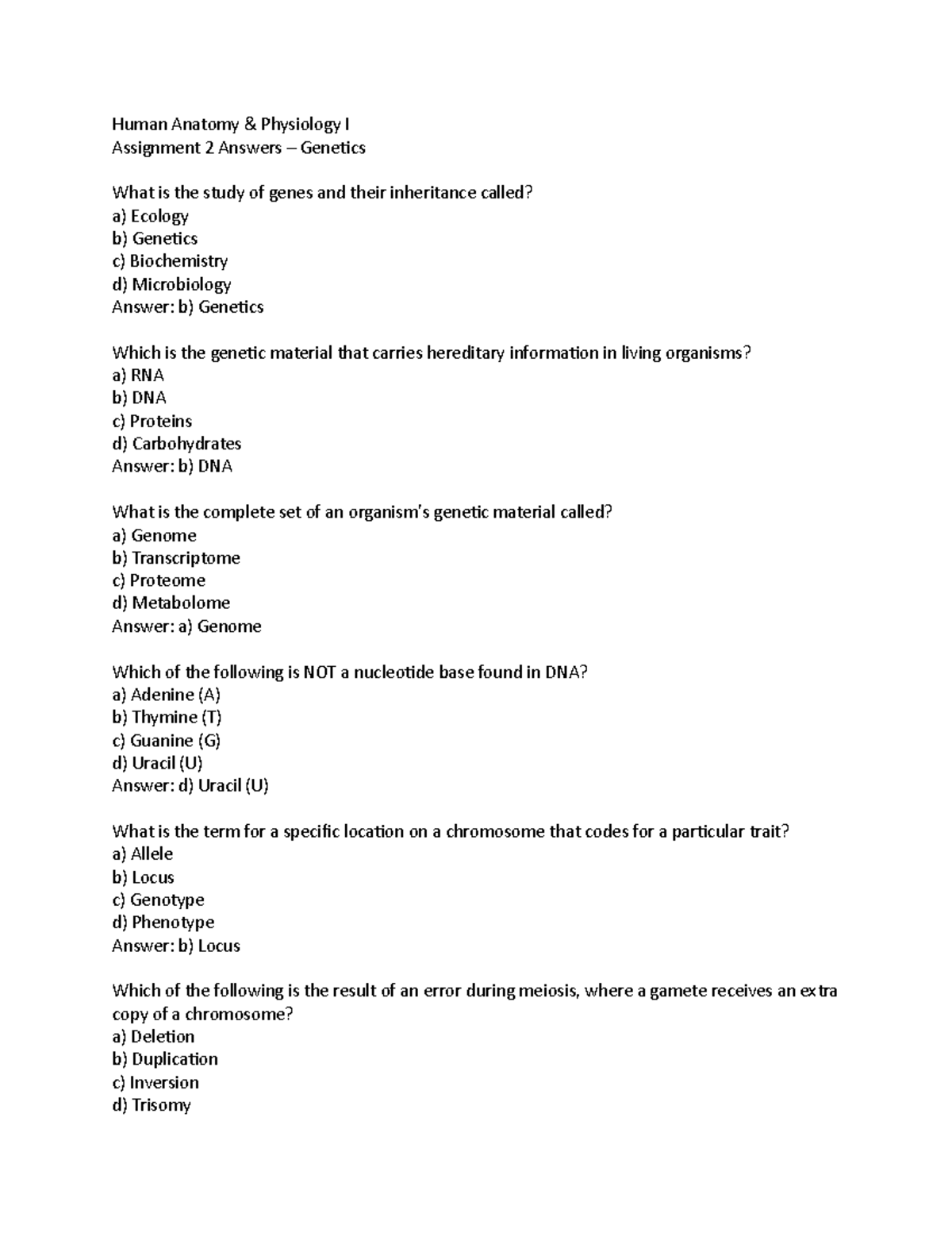 Human Anatomy Assignment 2 - Genetics - Human Anatomy & Physiology I ...