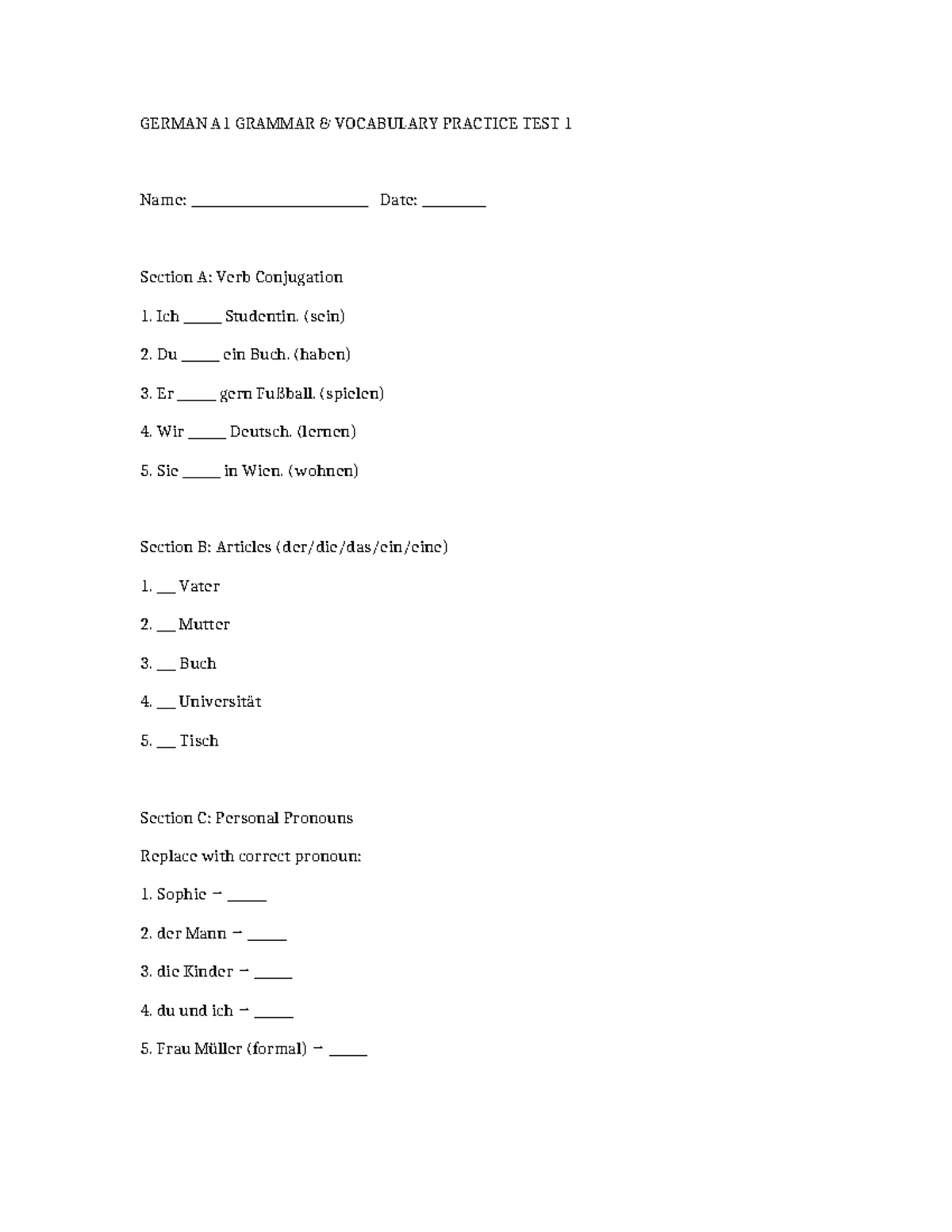GERMAN A1 GRAMMAR VOCABULARY PRACTICE TEST 1-4 - Studocu