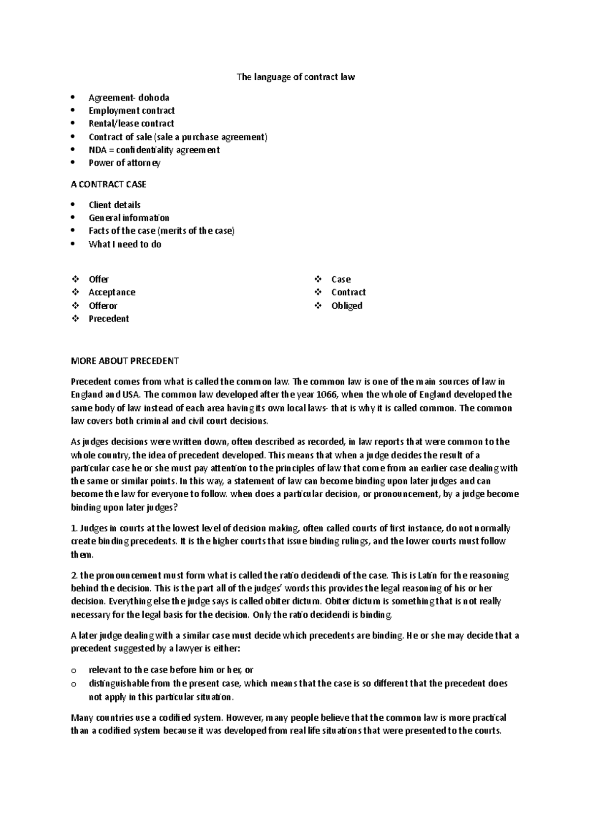 Contract Law Essentials: Key Language and Case Concepts - Studocu