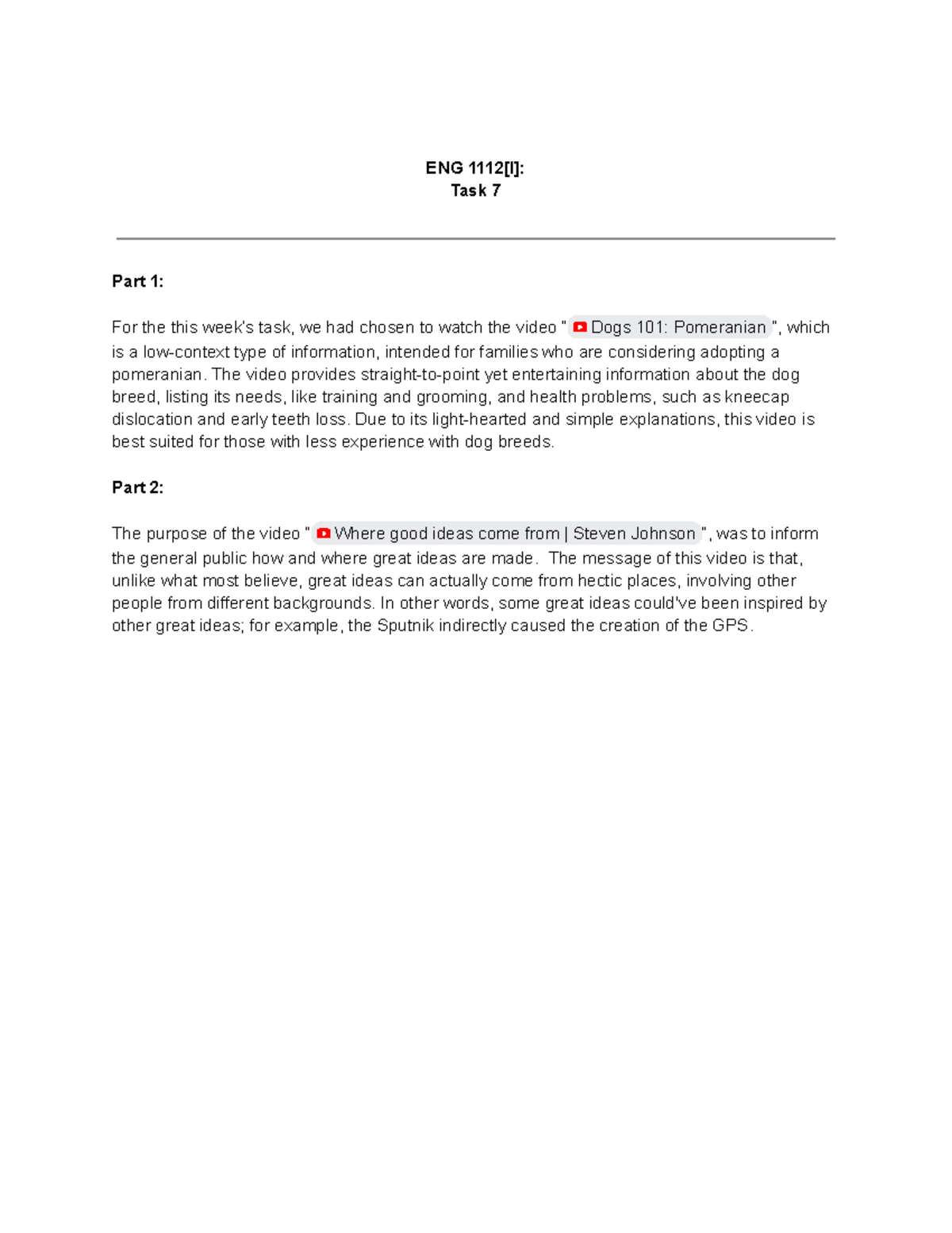 Task Week7 firstname last name - ENG 1112[I]: Task 7 Part 1: For the ...