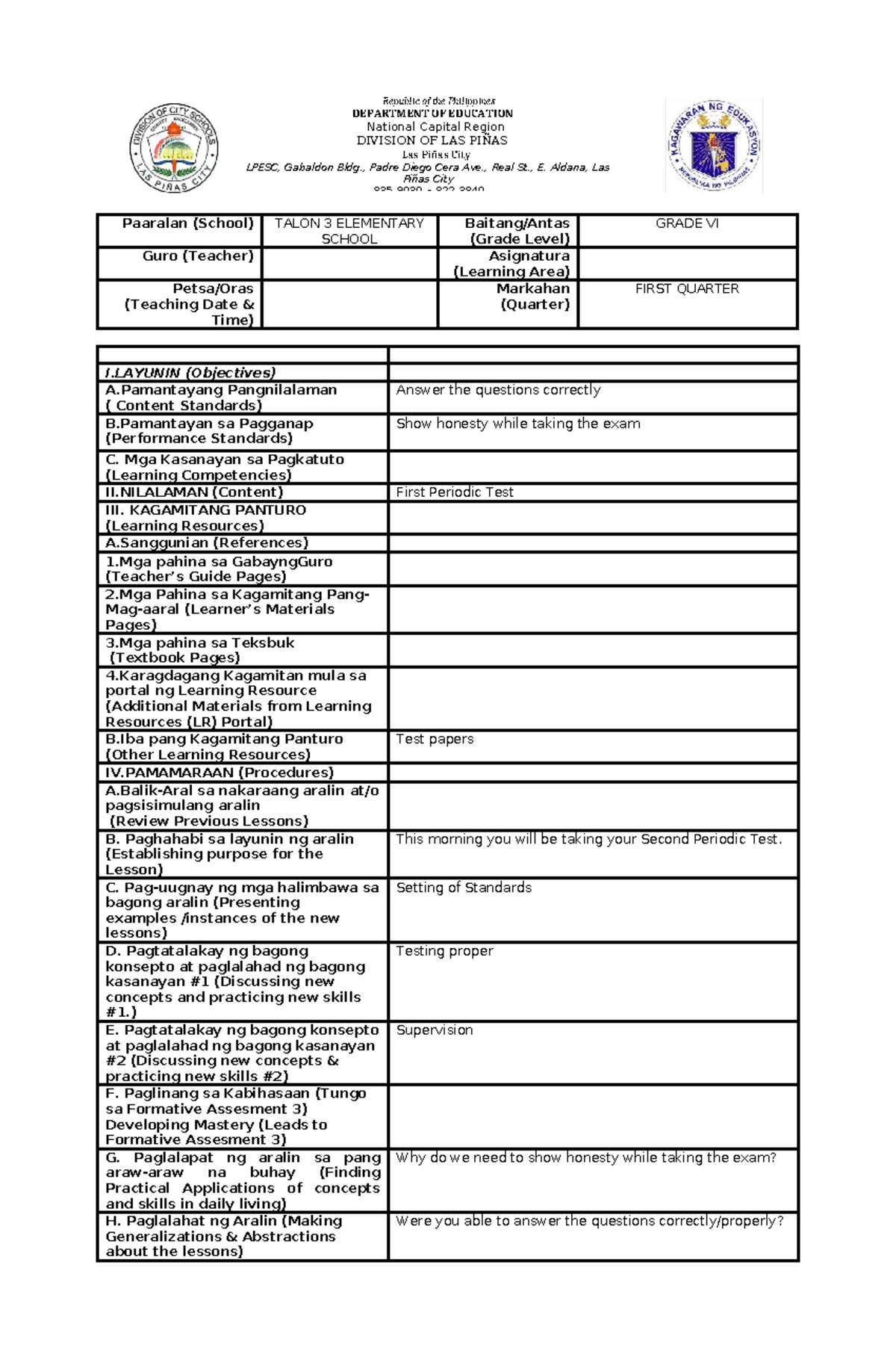 GRADE VI 1st Quarter Periodic Test Lesson Plan - Studocu