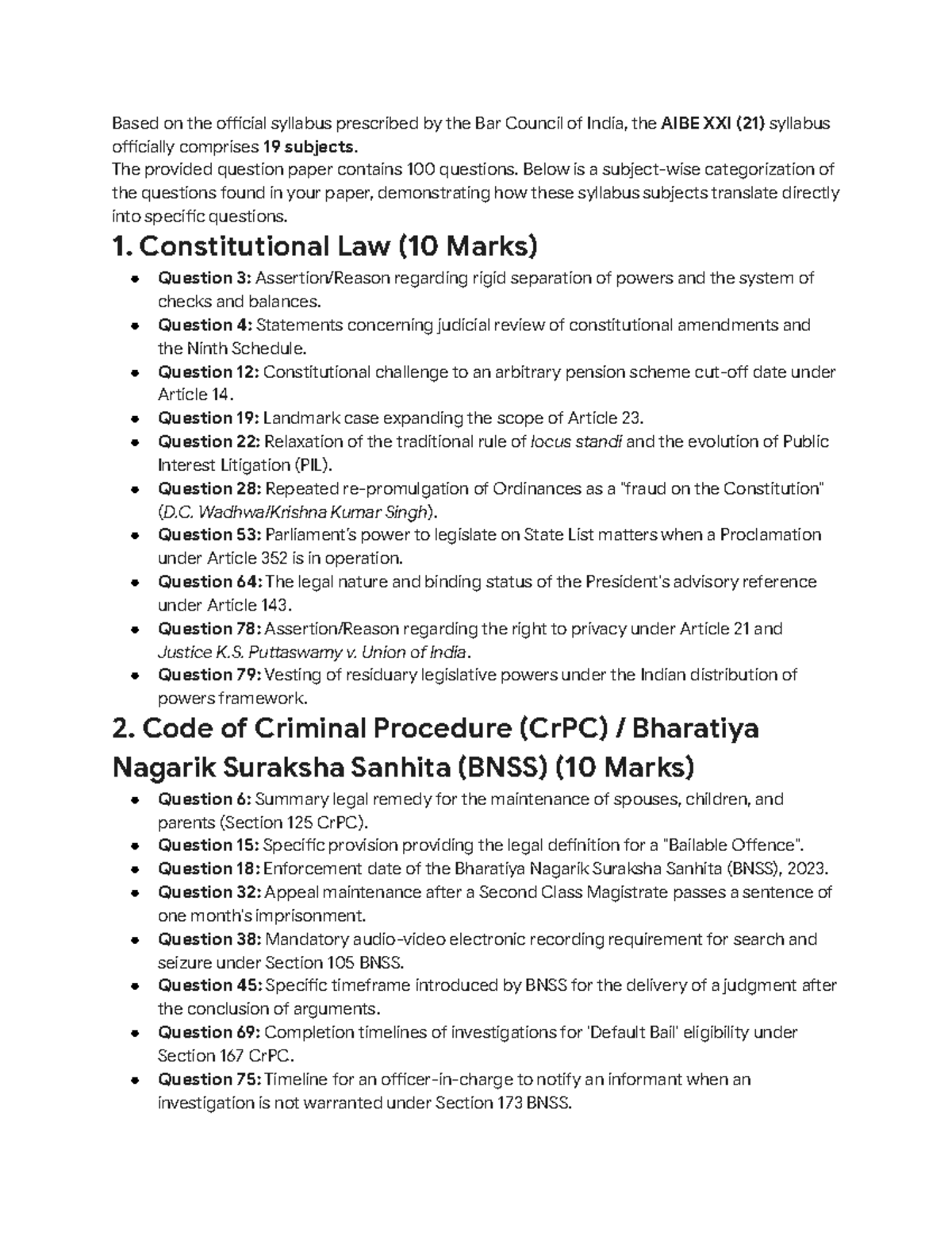 AIBE XXI (21) Syllabus Breakdown: Subject-wise Question Analysis - Studocu