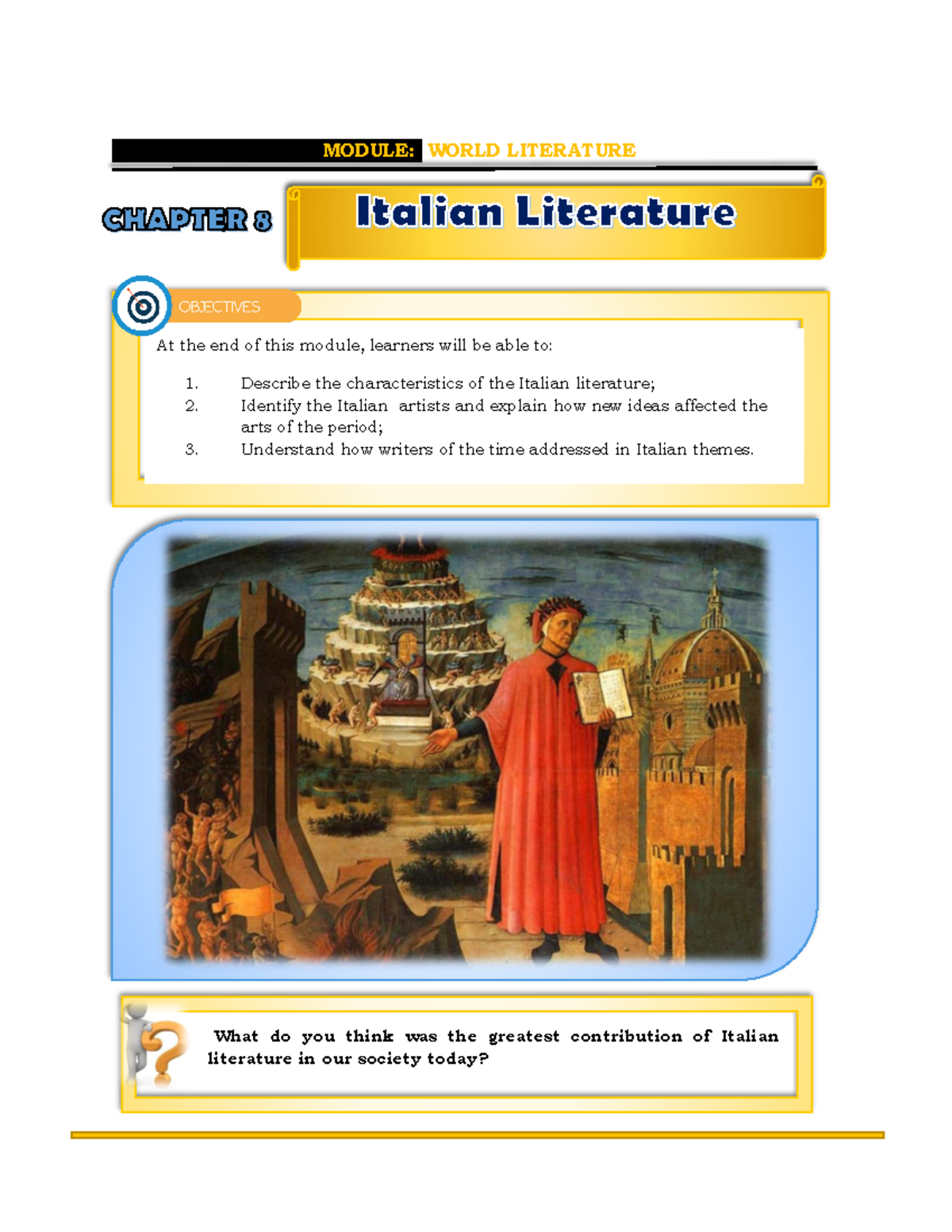 Chapter 8 - Overview of Italian Literature and Dante's Influence - Studocu
