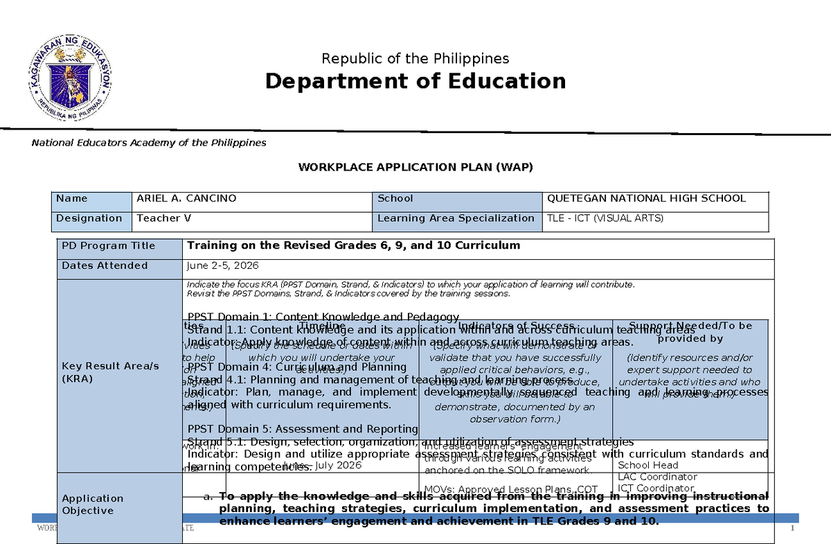 WAP for TLE ICT (Visual Arts) - Diagnostic Test Application Plan - Studocu