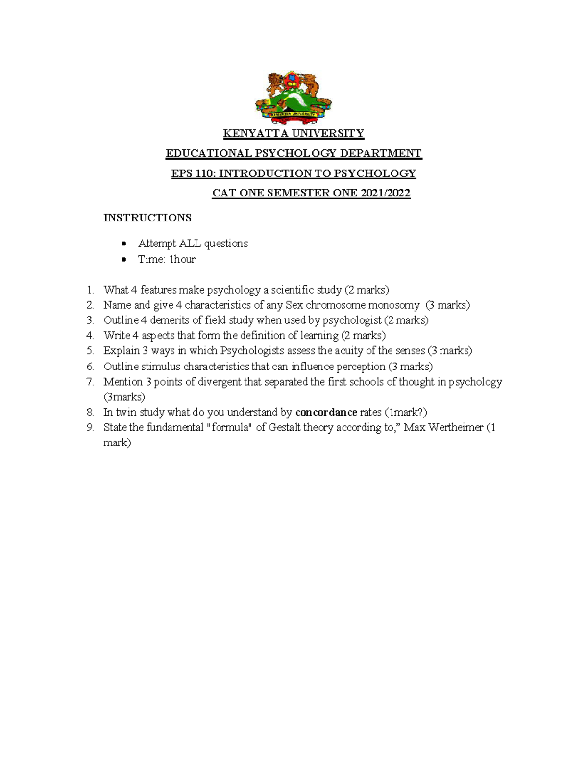 EPS 110 CAT ONE 2021 - KENYATTA UNIVERSITY EDUCATIONAL PSYCHOLOGY ...