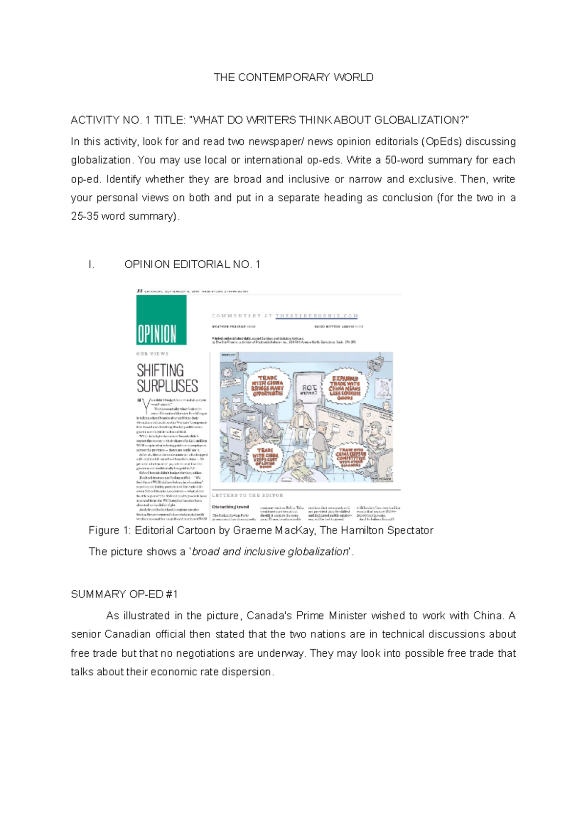 ACT1 - contemporary world - THE CONTEMPORARY WORLD ACTIVITY NO. 1 TITLE ...