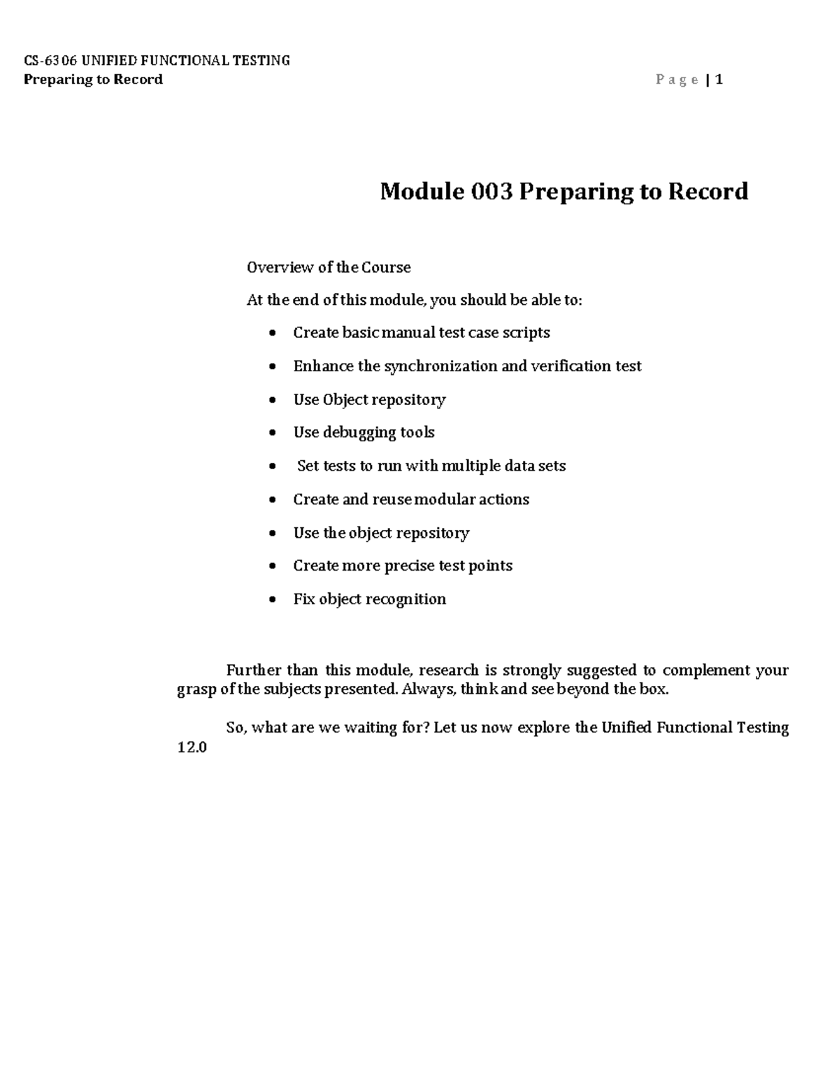 UNIFIED FUNCTIONAL TESTING (UFT) Module 003: Preparing to Record ...
