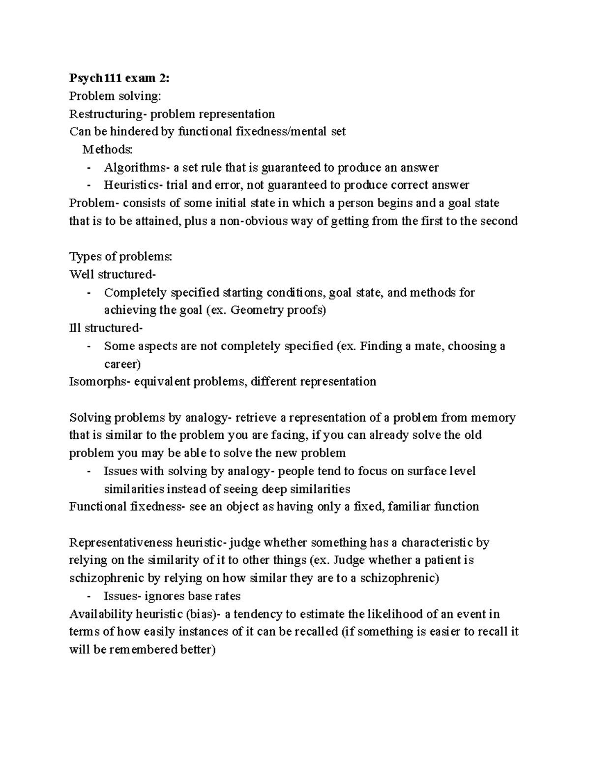 Psych 111 exam 2 guide - Psych111 exam 2: Problem solving: Restructuring- problem representation ...