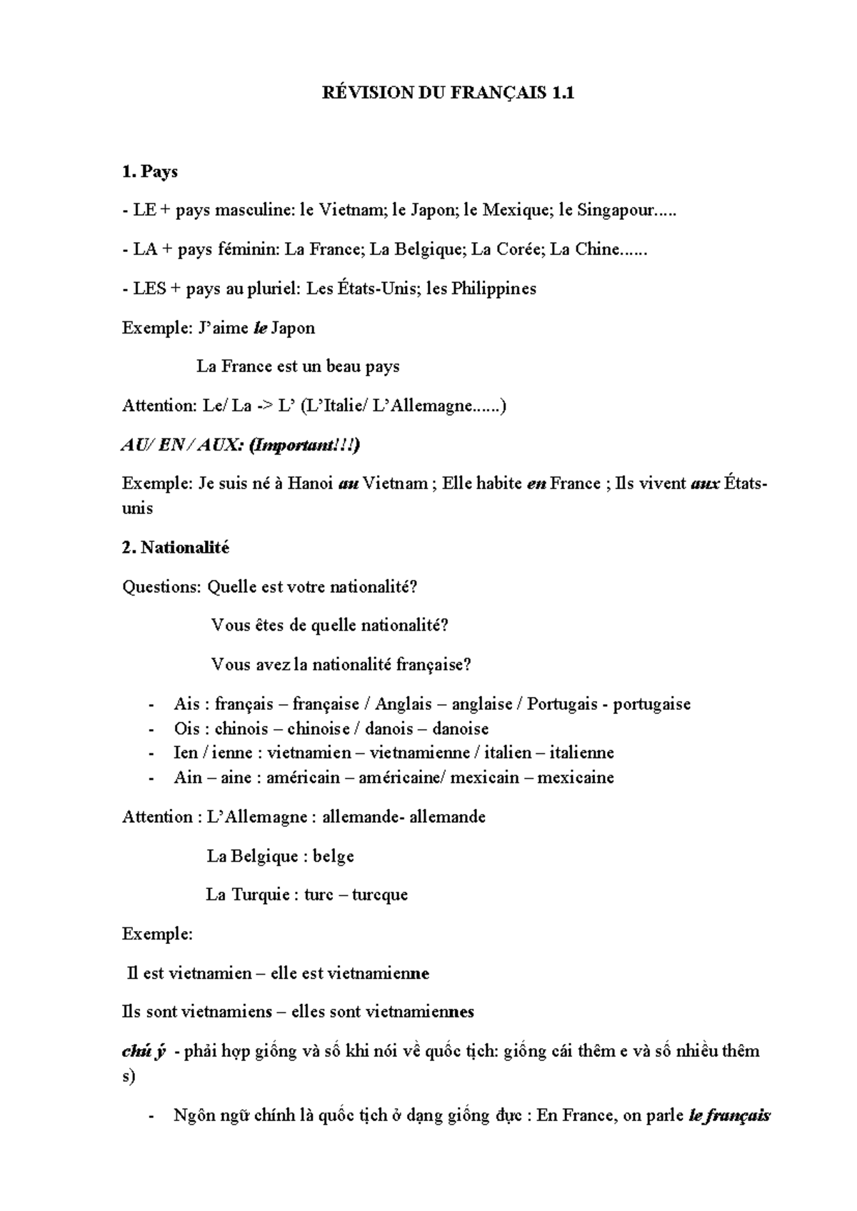 Révision du Français 1.1 : Contenu d'Examen et Pratique - Studocu