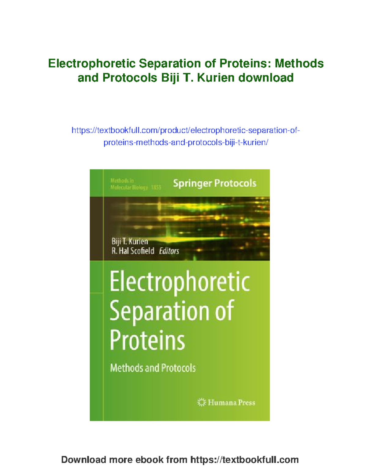 Electrophoretic Separation of Proteins: Methods & Protocols (Molecular ...