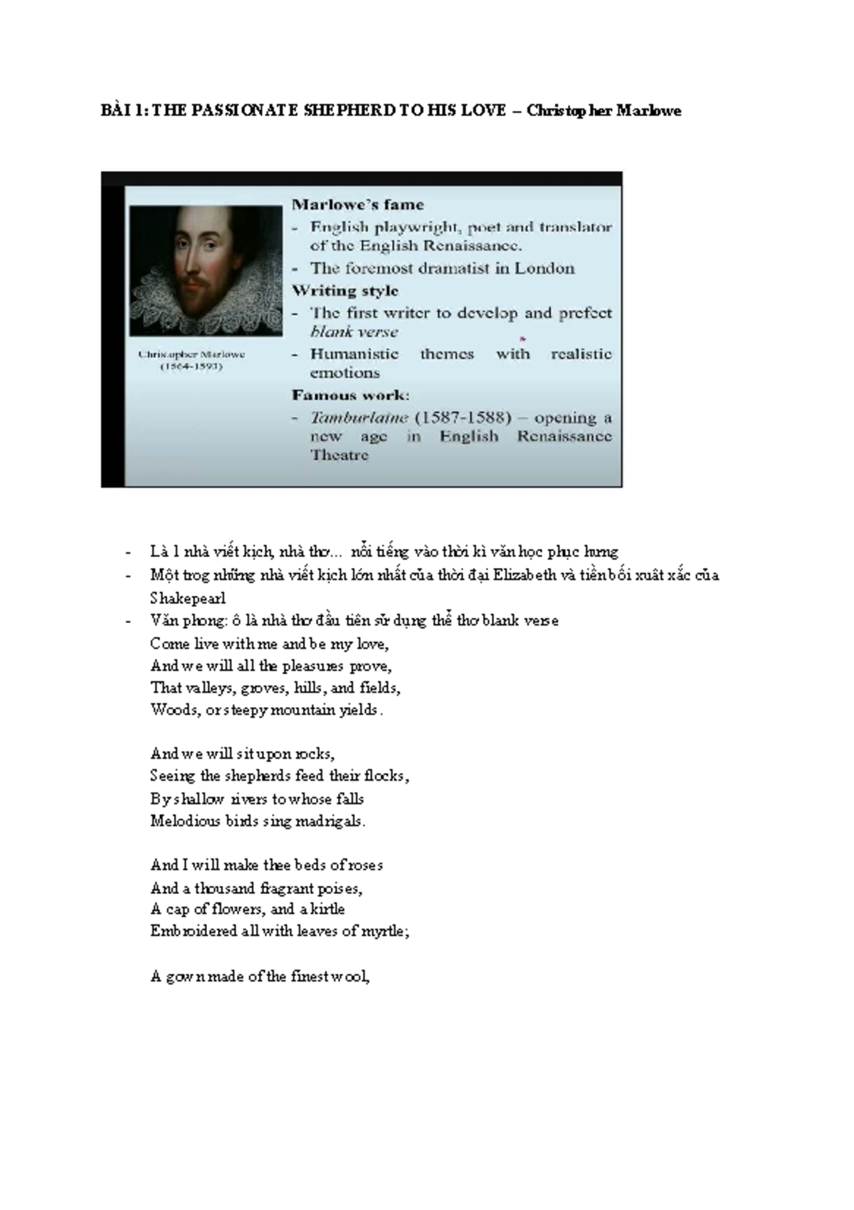 BÀI 1: PHÂN TÍCH "THE PASSIONATE SHEPHERD TO HIS LOVE" - Christopher ...
