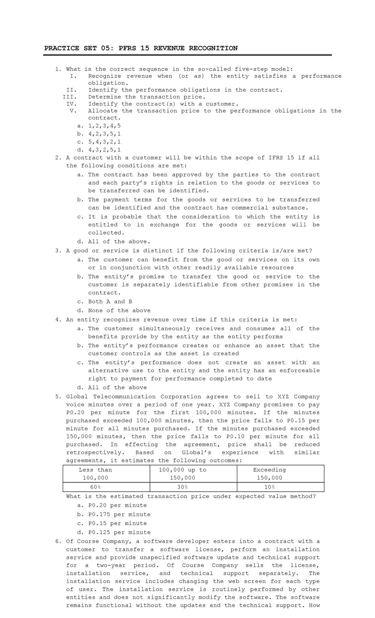 PS-05: PFRS 15 Revenue Recognition Practice Set Questions - Studocu