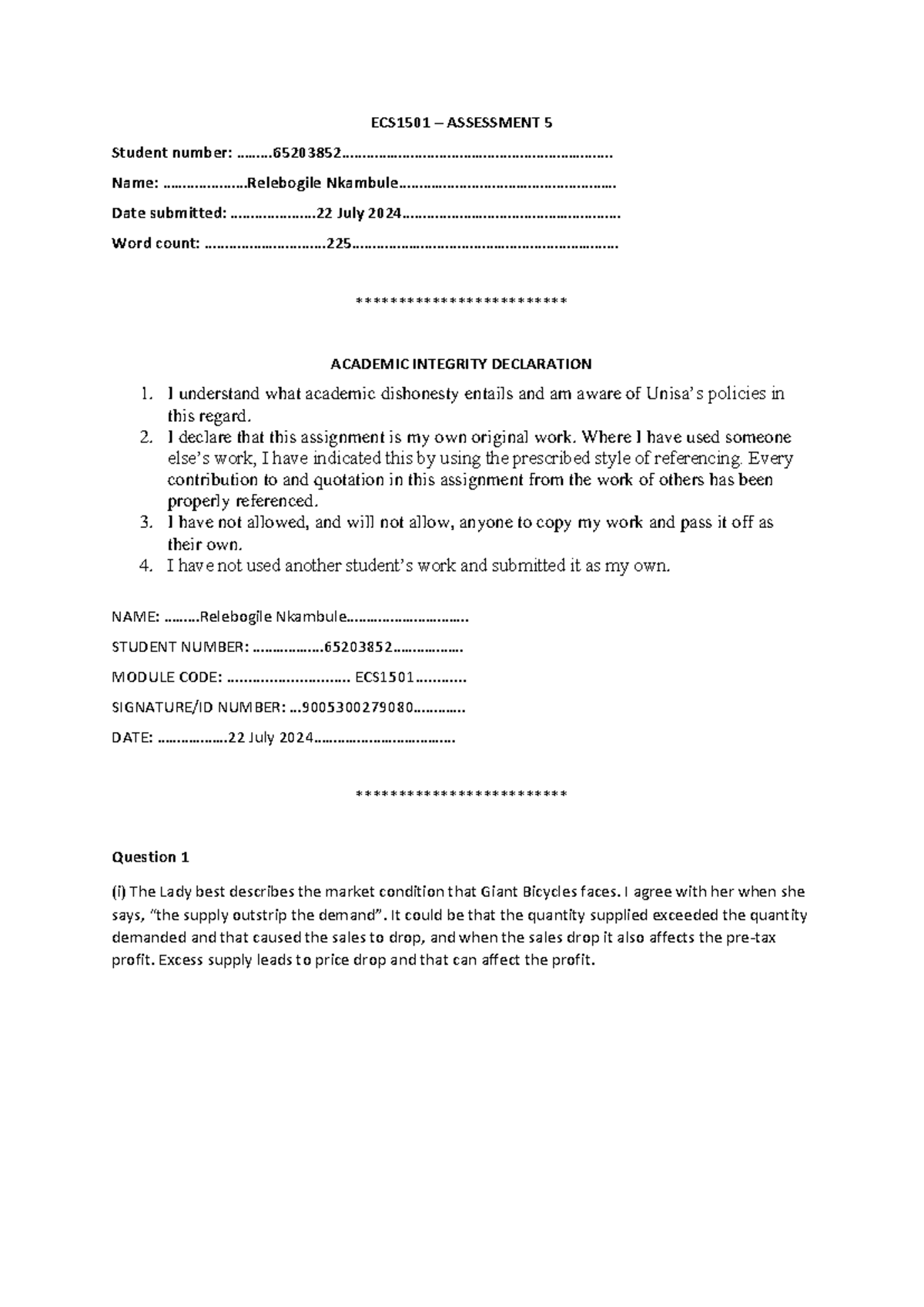 ECS1501 Assignment 5: Submission Format and Market Analysis - Studocu